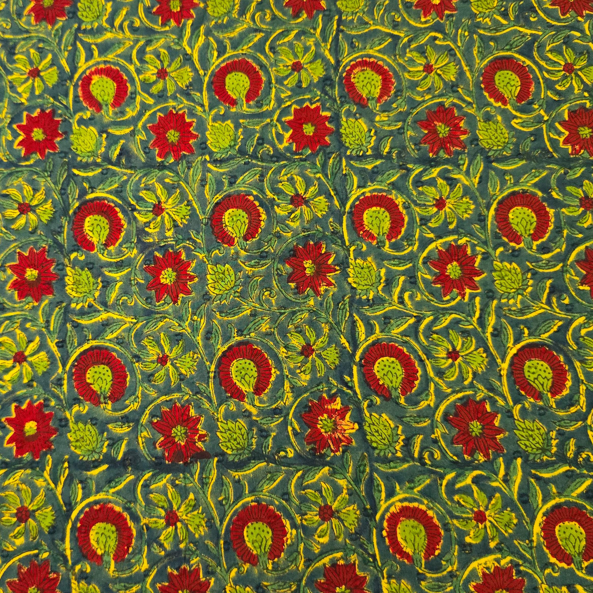 Pure Cotton Doby Dabu Mehendi Green With Red And Yellow Flower Jaal Ha ...