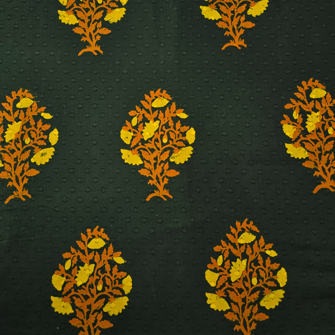 (PRE-CUT 1 METER) Pure Cotton Doby Dabu Dark Green With Yellow Big Flo – Sanskruti