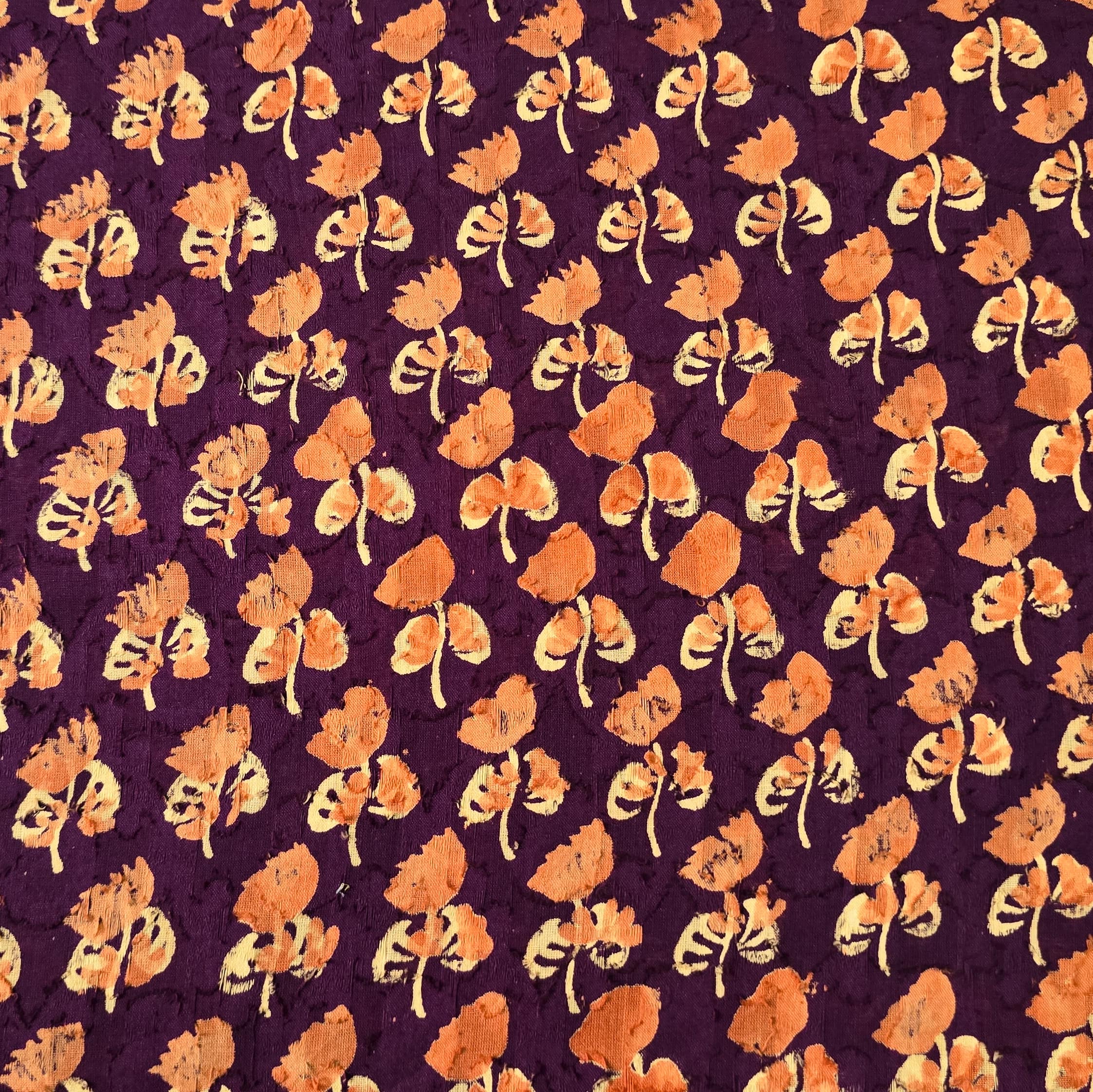 Pure Cotton Doby Dabu Dark Purple With Orange Shy Flower Hand Block Pr ...