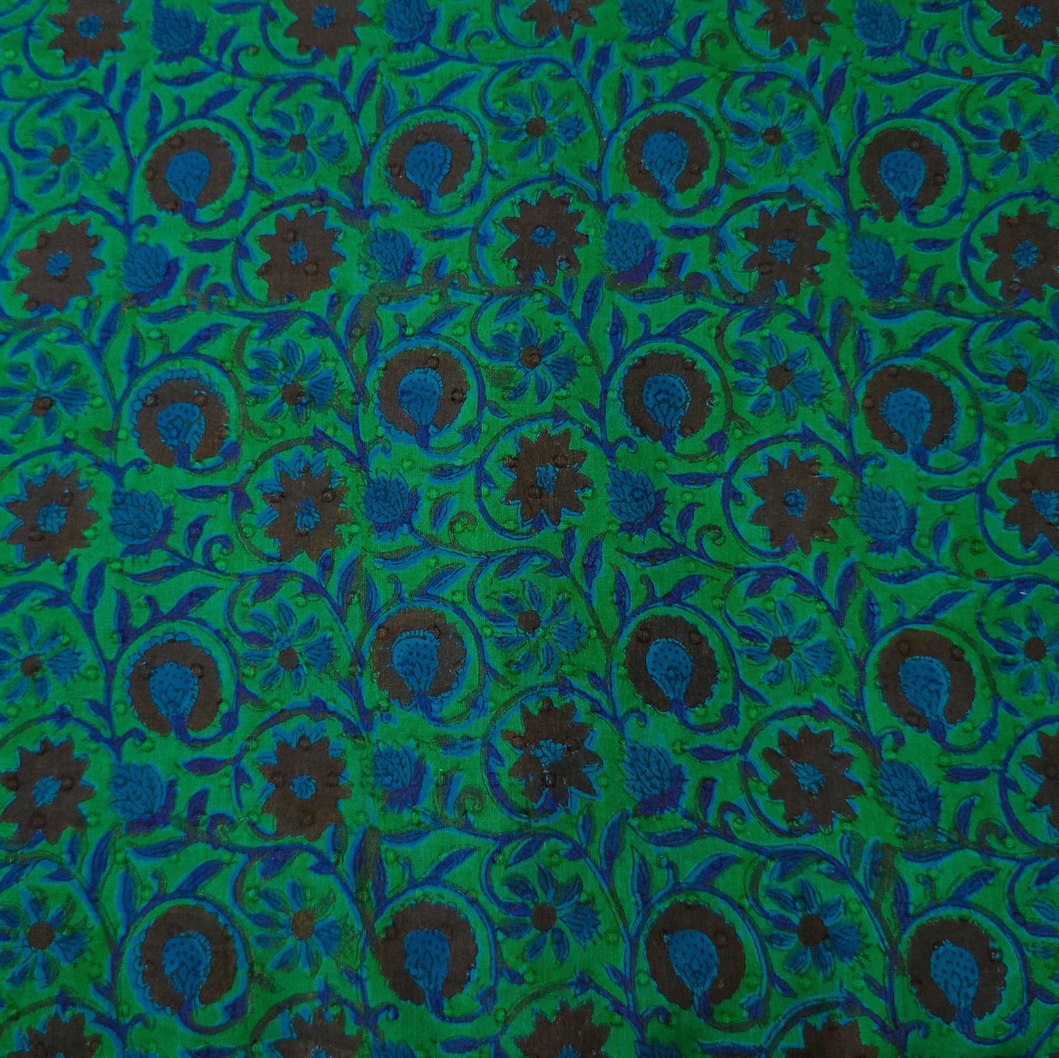 Pure Cotton Doby Dabu Green With Black And Blue Flower Jaal Hand Block – Sanskruti