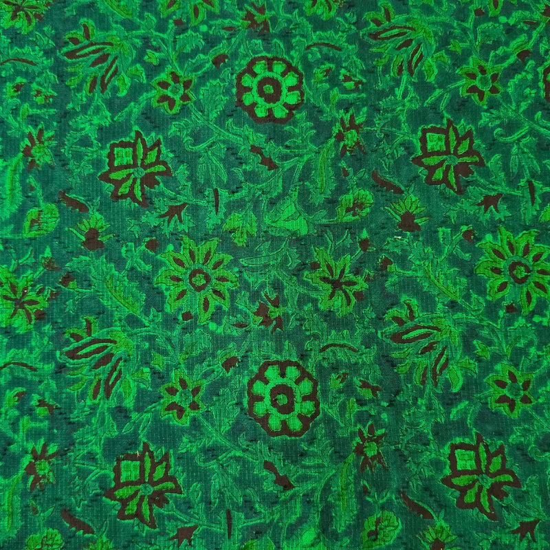 (PRE-CUT 0.87 METER)Pure Cotton Doby Dabu Green With Black Flowers And – Sanskruti