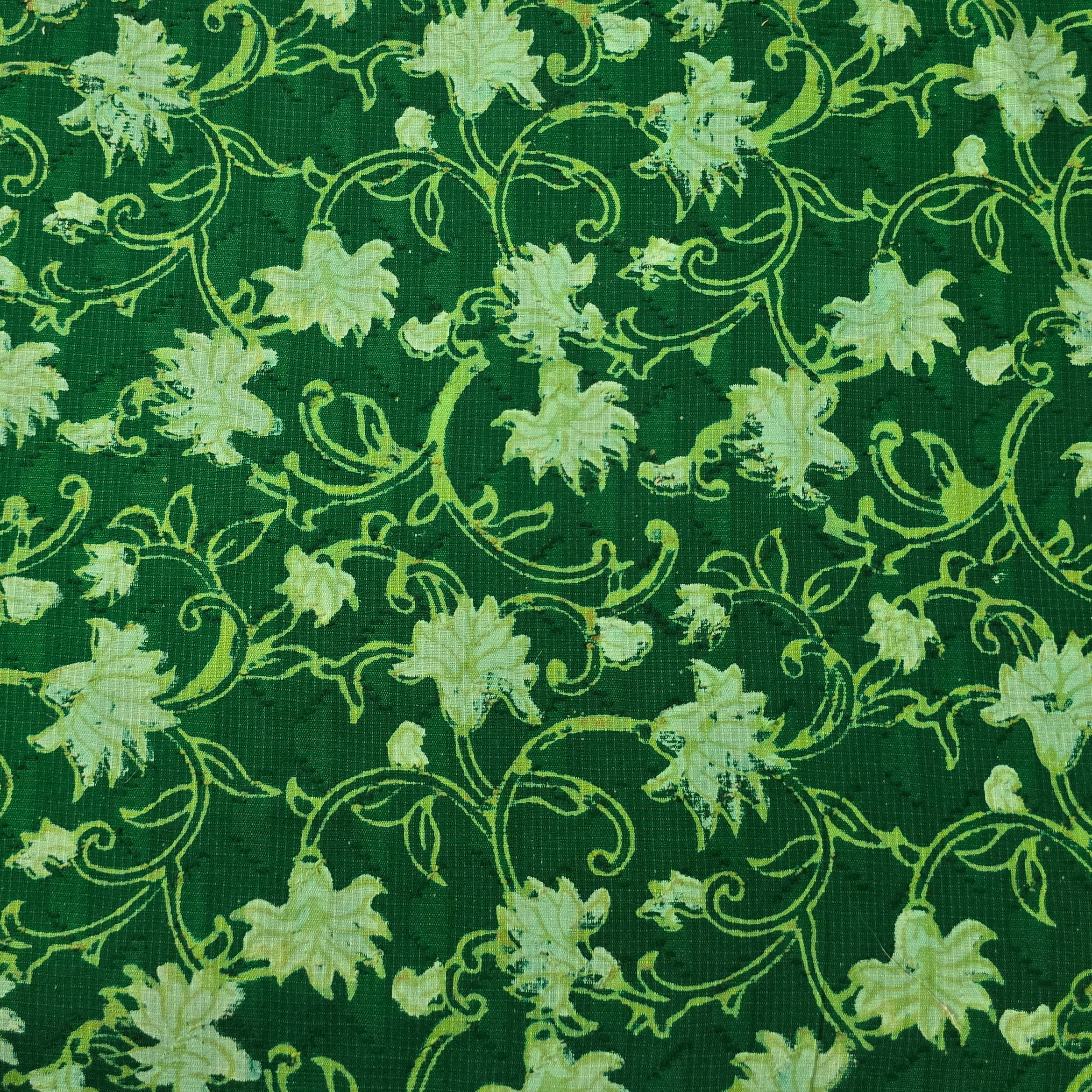 Pure Cotton Doby Dabu Green With Light Green Jungle Flower Jaal Hand B – Sanskruti