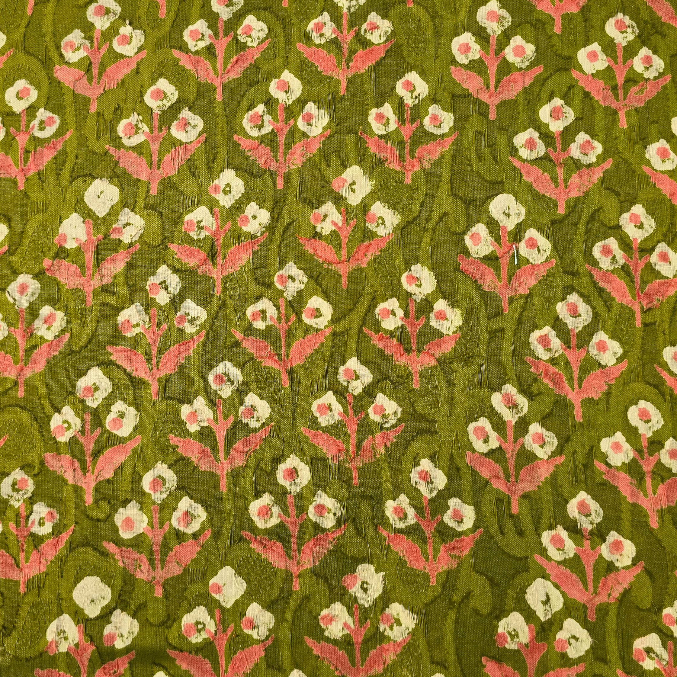 Pure Cotton Doby Dabu Mahindi Green With Cream And Pink Flowers Motif ...