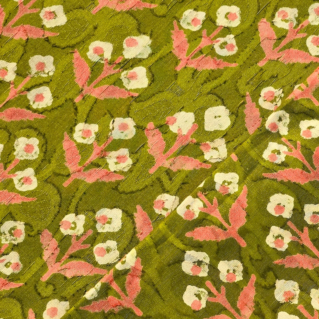 Pure Cotton Doby Dabu Mahindi Green With Cream And Pink Flowers Motif – Sanskruti