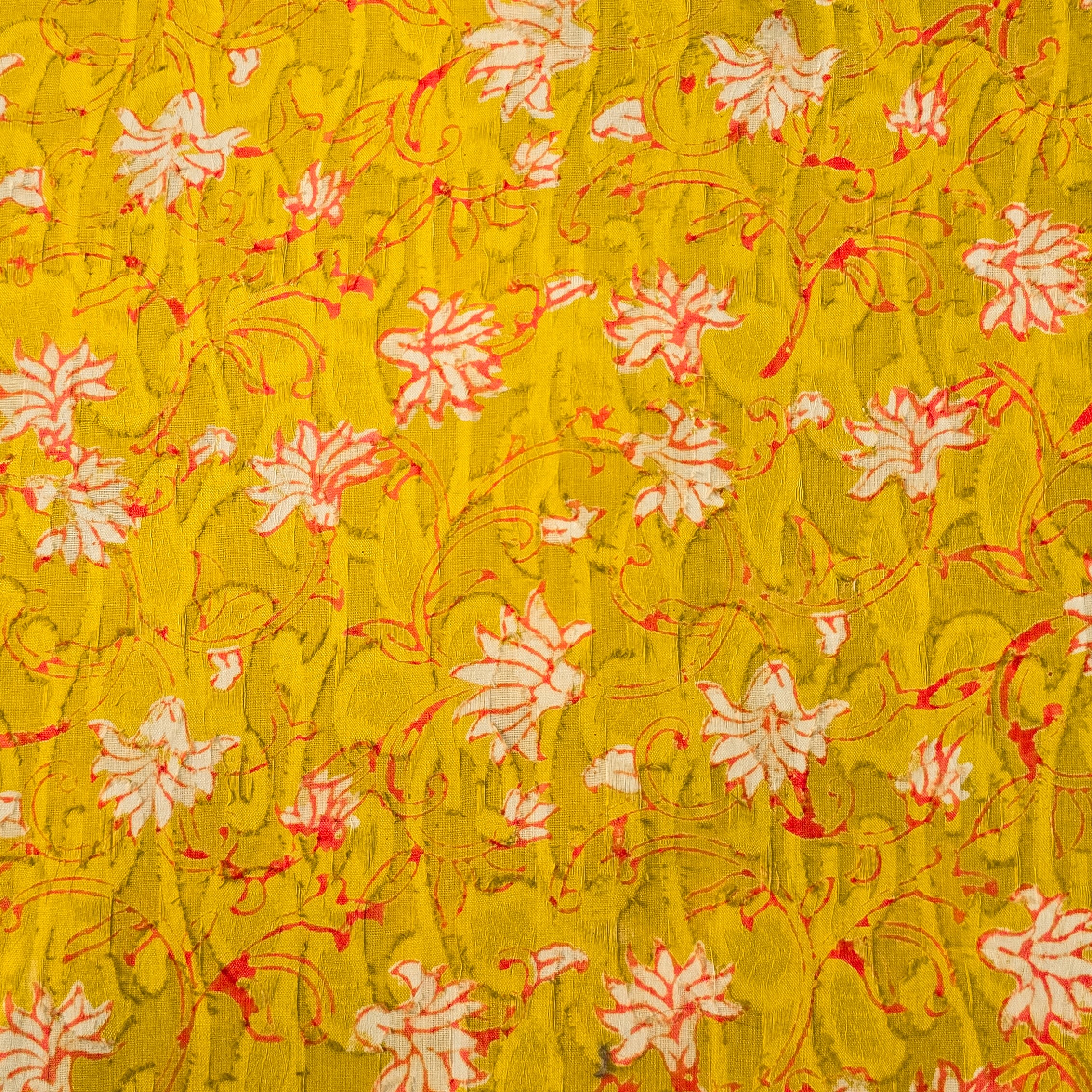 Pure Cotton Doby Dabu Mustard With White And Pink Flower Design Jaal H ...