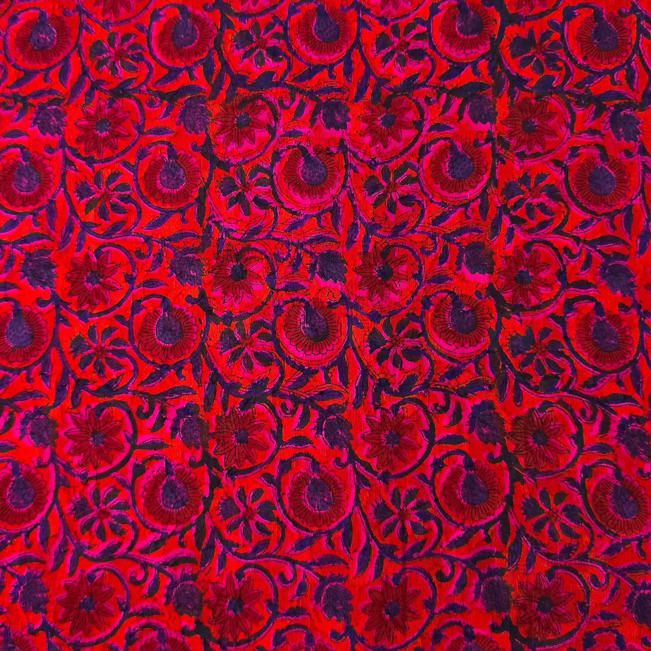 Pure Cotton Doby Dabu Pink With Red Flower And Navy Blue Jaal Hand Blo ...