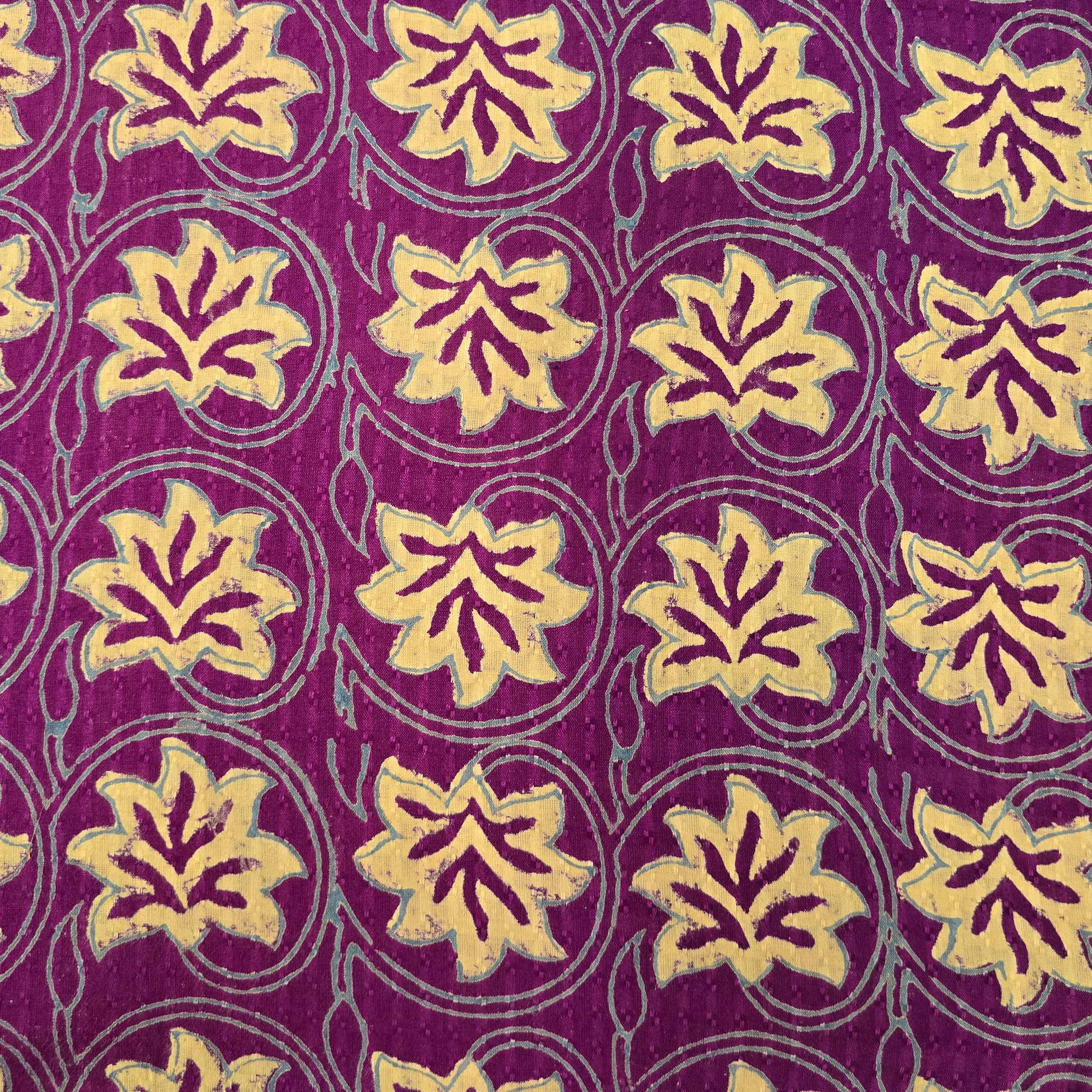 Pure Cotton Doby Dabu Purple With Cream Flowers Jaal Hand Block Print ...