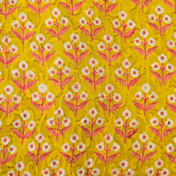 Pure Cotton Doby Dabu Yellow With Pink And White Flowers Motif Hand Bl ...