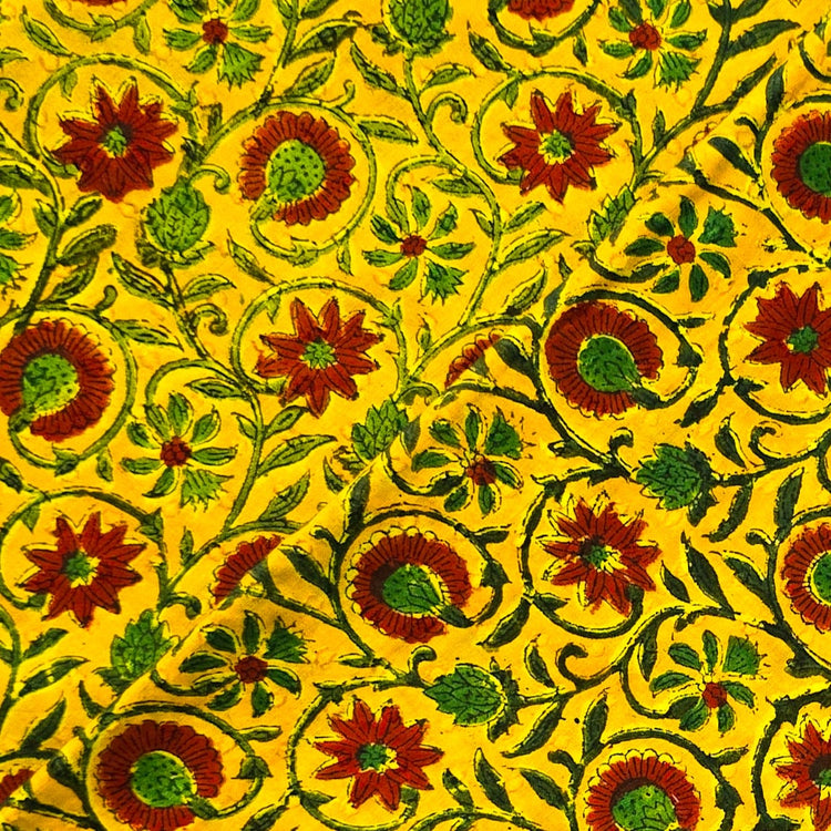 Pure Cotton Doby Dabu Yellow With Red Flower And Green Jaal Hand Block ...