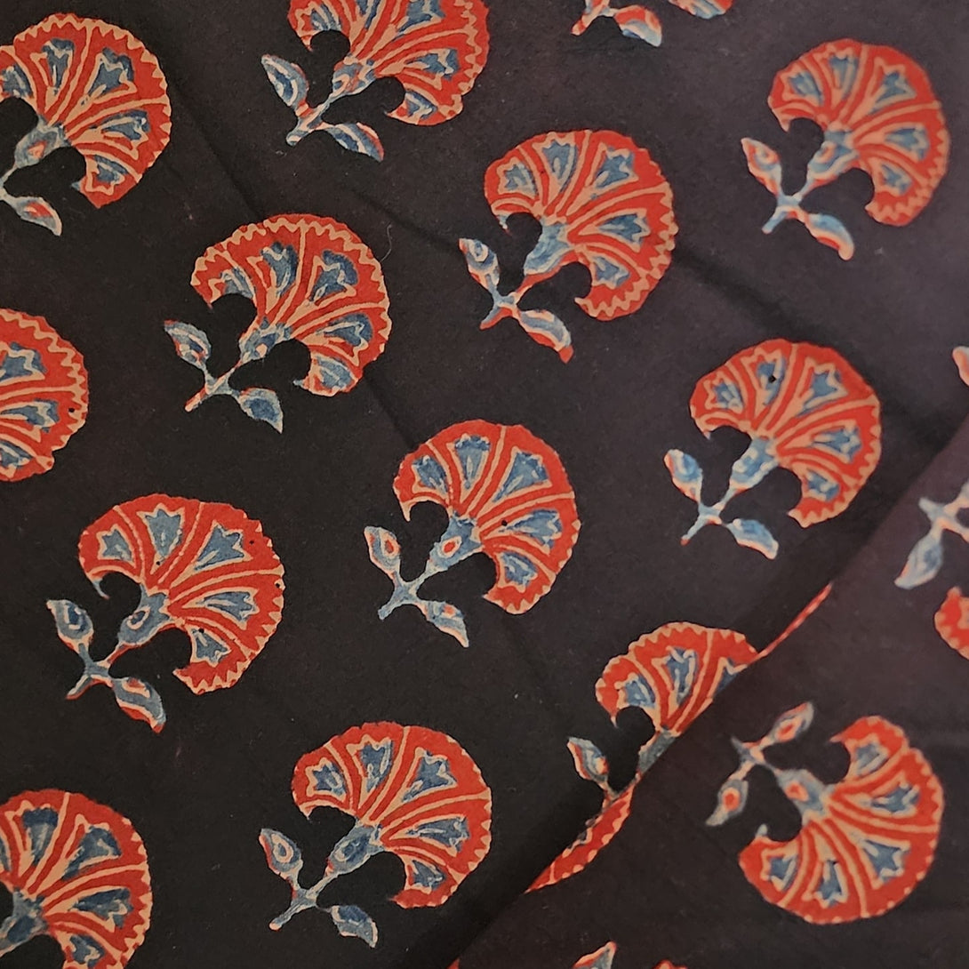 Pure Cotton Double Ajrak Black With Blue And Rust Flower Bud Hand Bloc ...