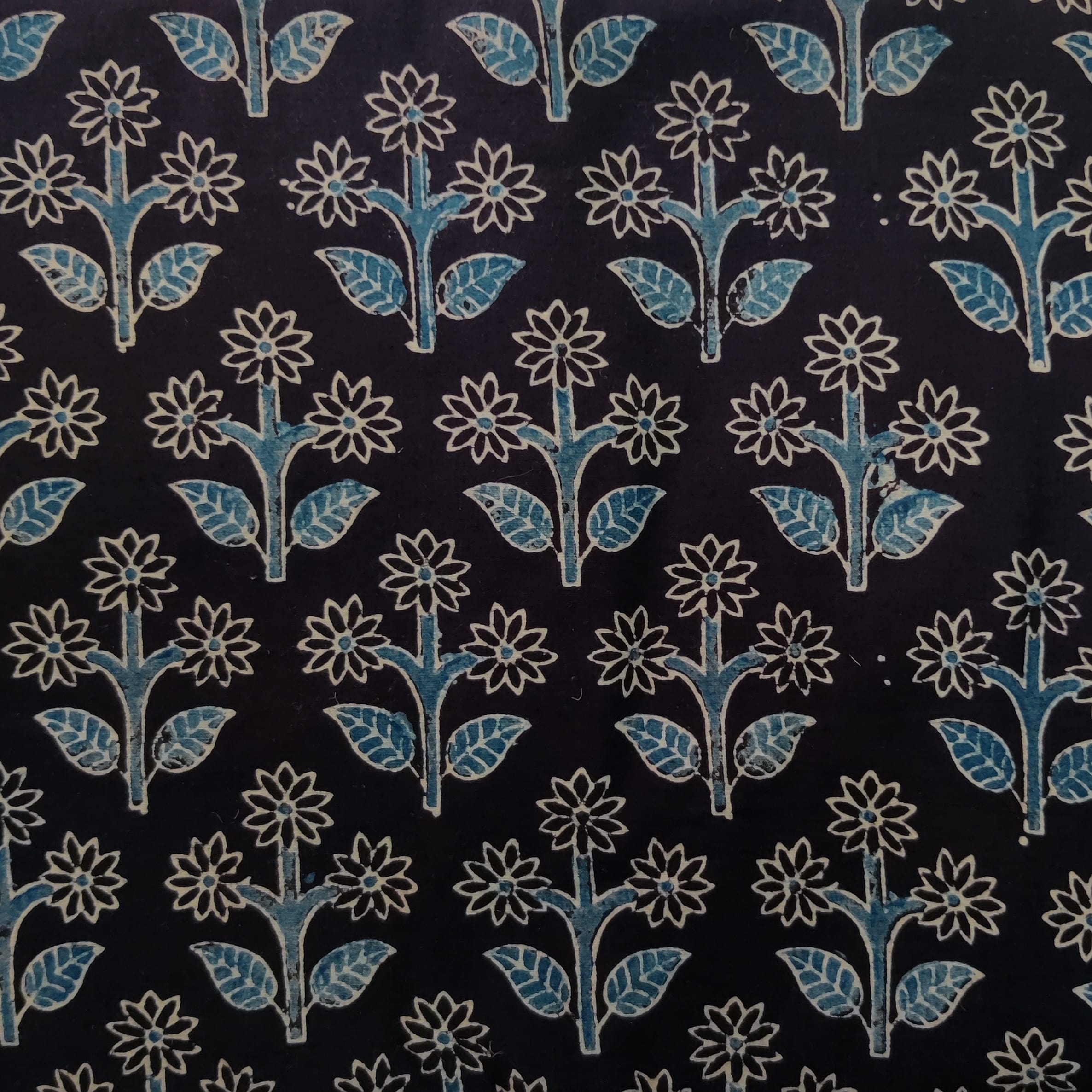 PRE-CUT 1.5 METER Pure Cotton Double Ajrak Black With Blue Cream Plant – Sanskruti