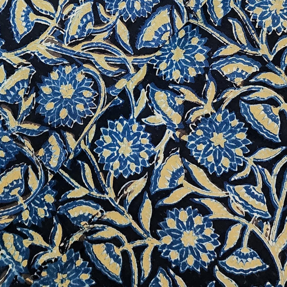 Pure Cotton Double Ajrak Black With Blue Flower Jaal Hand Block Print – Sanskruti