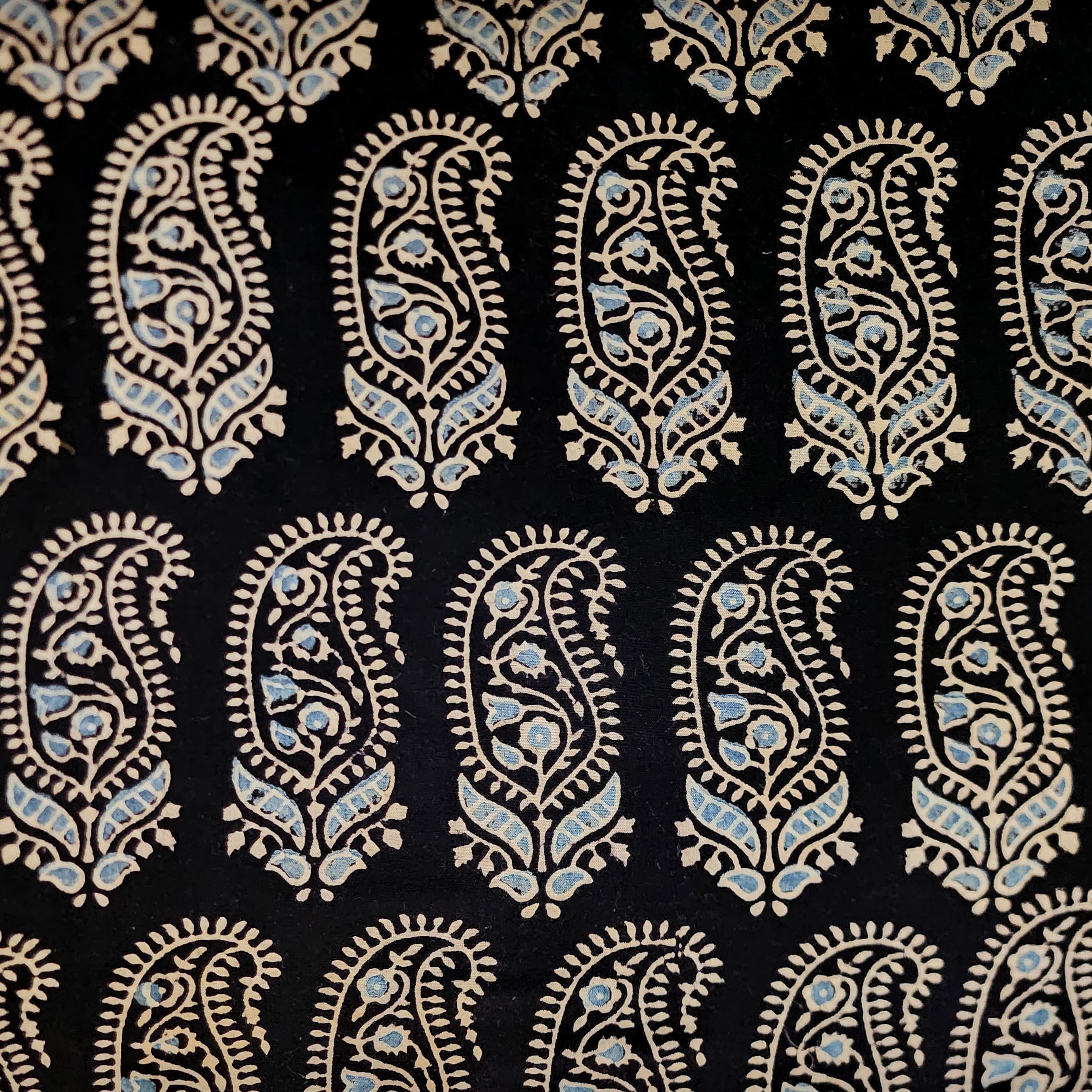 Pure Cotton Double Ajrak Black With Cream And Blue Big Kairi Motif Han – Sanskruti
