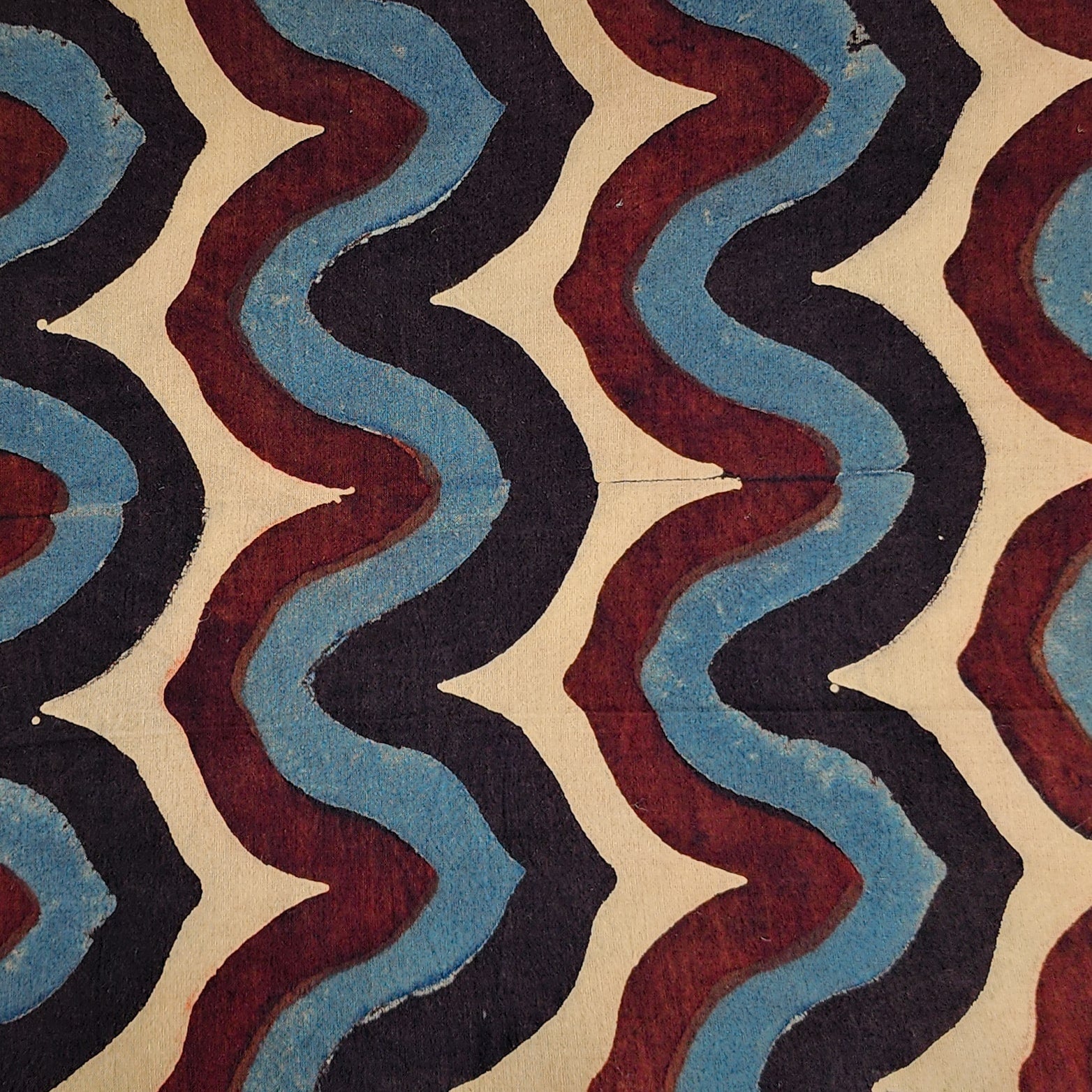 Pure Cotton Double Ajrak Rust Blue With Red Black Waves Hand Block Pri ...