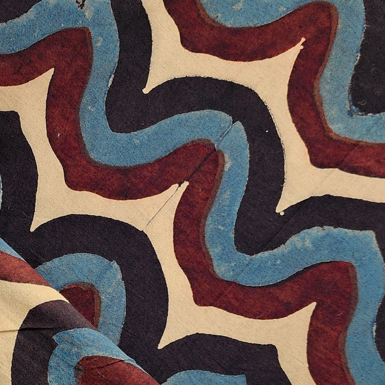 Pure Cotton Double Ajrak Rust Blue With Red Black Waves Hand Block Pri ...