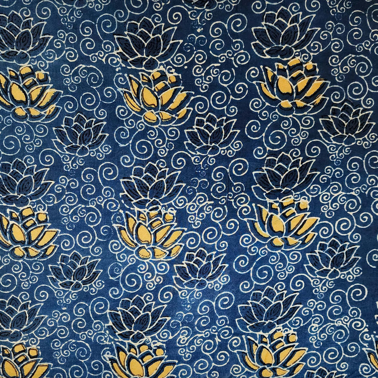 PRE-CUT 1.65 METER Pure Cotton Double Ajrak Blue With Mustard Lotus Ha – Sanskruti