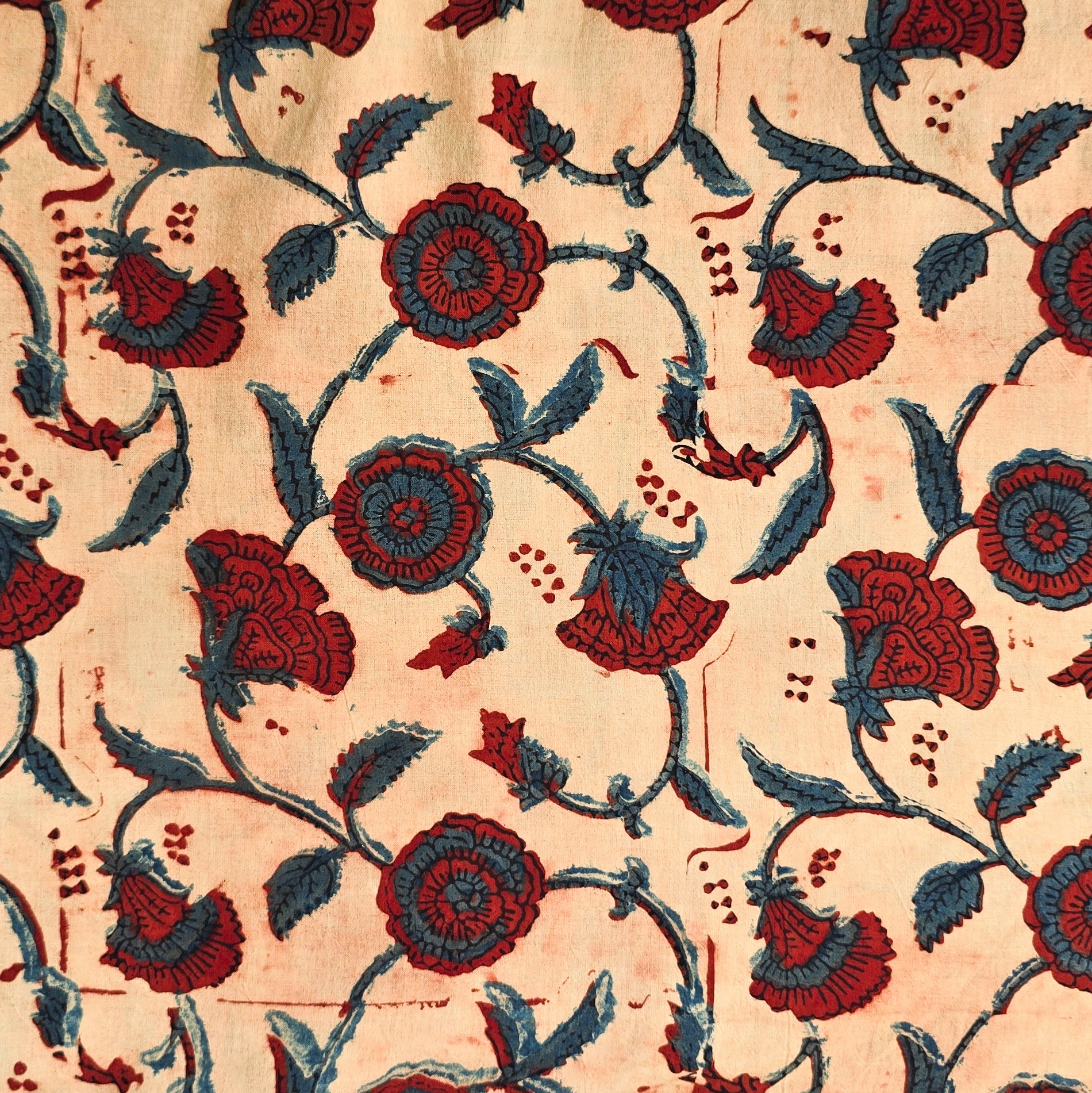 Pure Cotton Double Ajrak Cream With Red And Blue Flower Jaal Design Ha ...