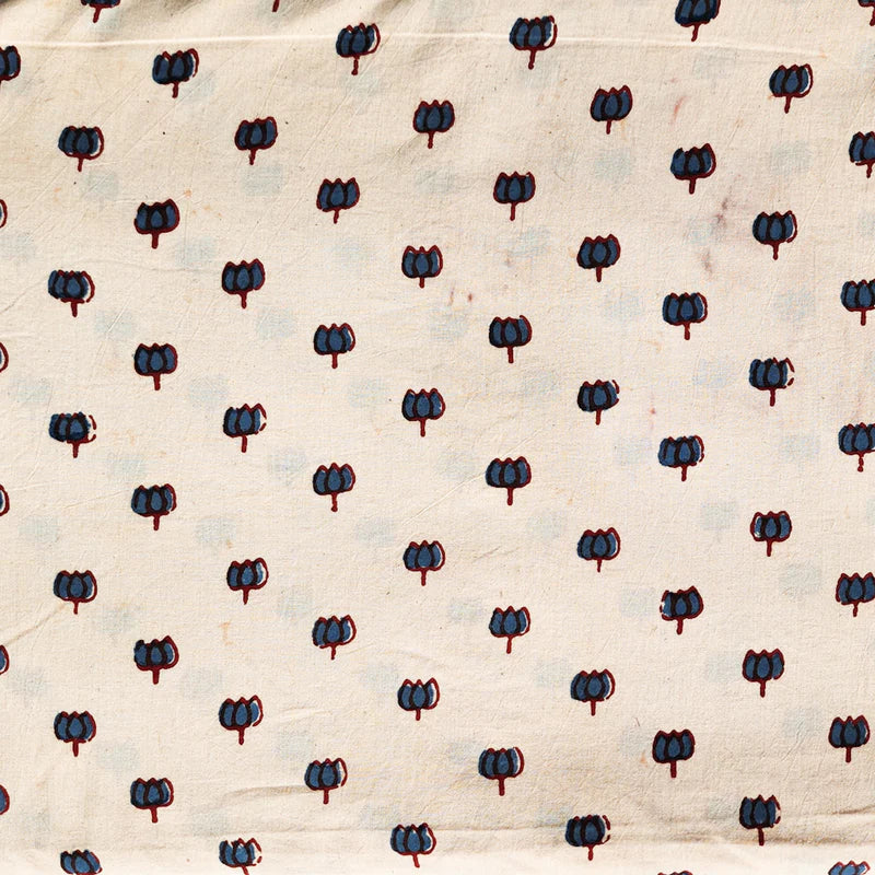 ( PRE-CUT 1 METER ) Pure Cotton Double Ajrak Cream With Red Blue Lotus – Sanskruti