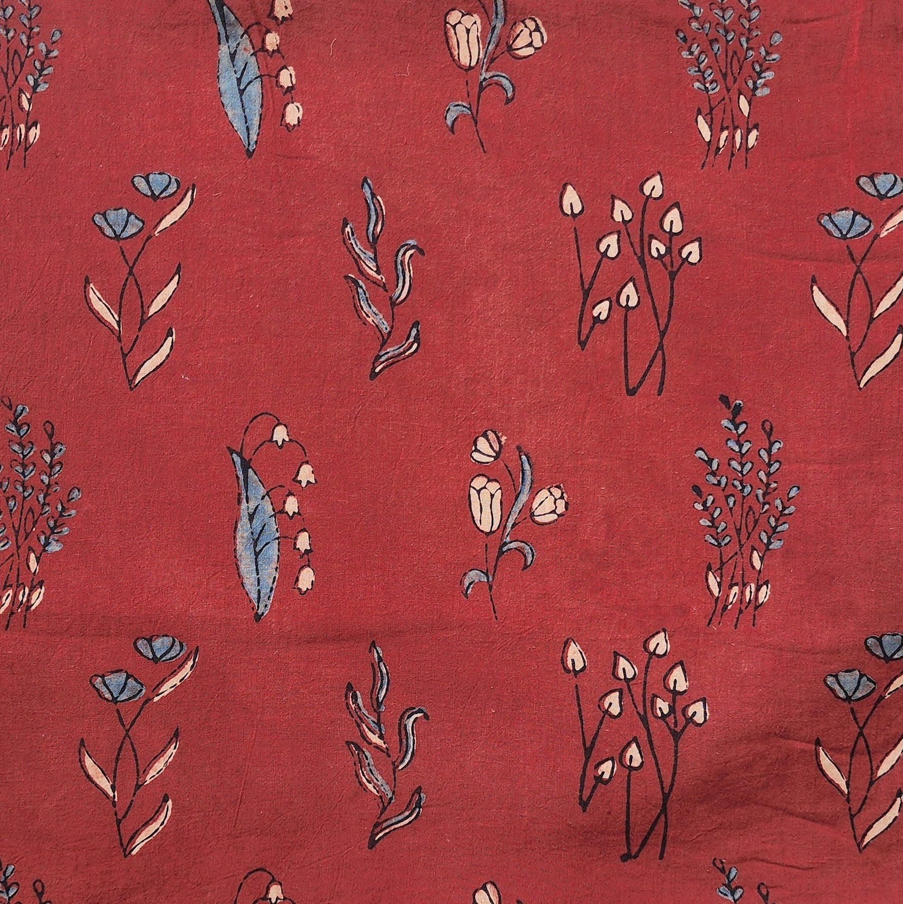 Pure Cotton Double Ajrak Rust Red With Blue Flower Plant Motif Hand Bl ...