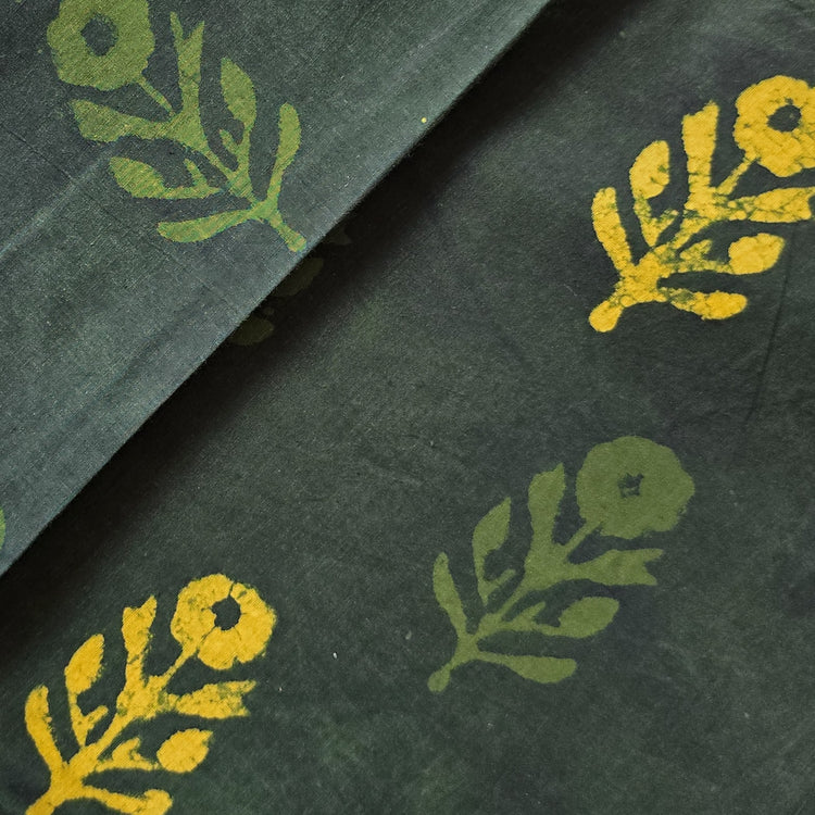 Pure Cotton Double Dabu Dark Green With Yellow Mughal Motif Hand Block – Sanskruti