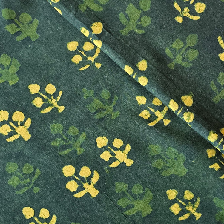 Pure Cotton Double Dabu Dark Green With Yellow Small Motif Hand Block – Sanskruti