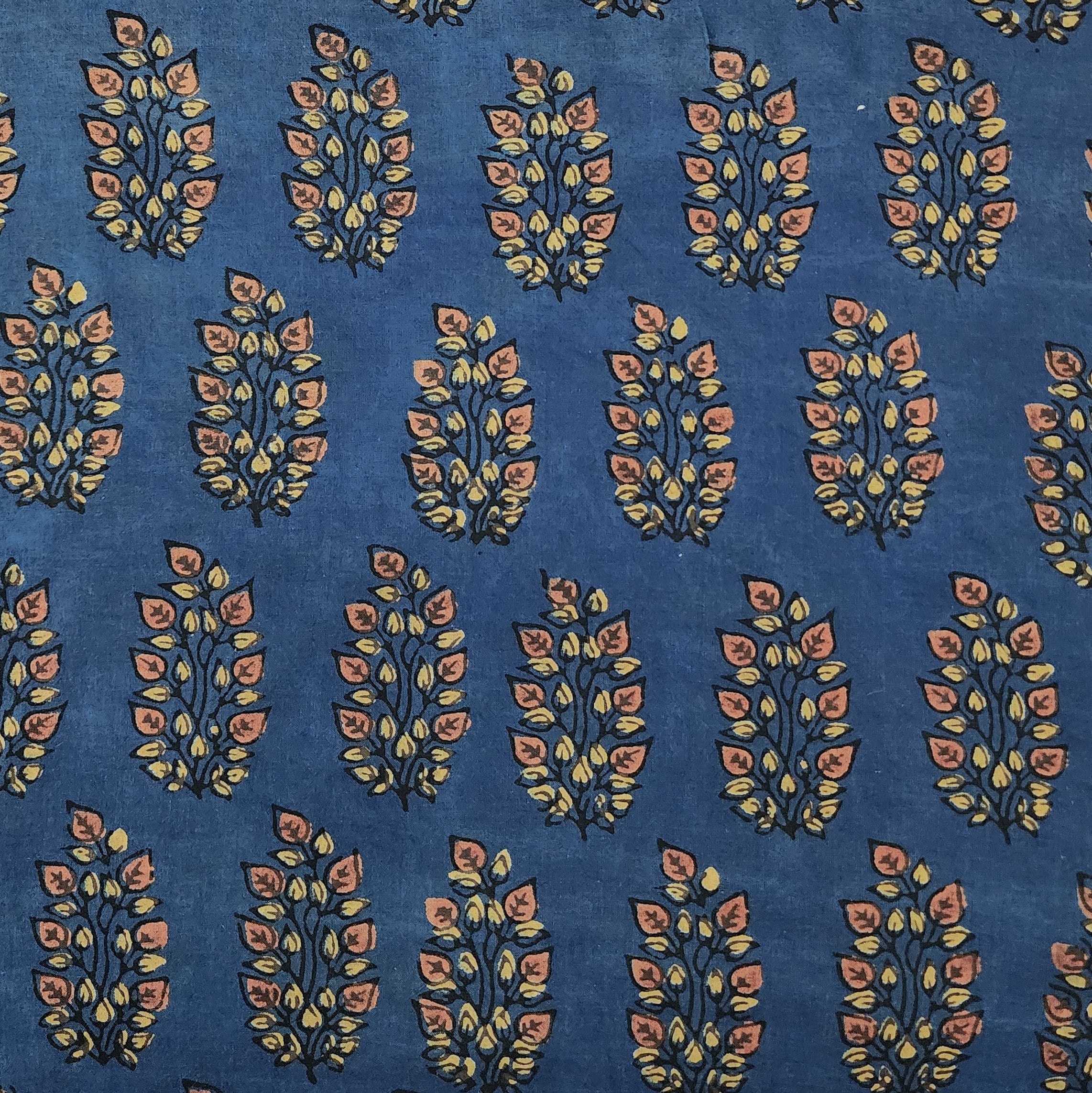 Pure Cotton Gad Ajrak Blue And Light Orange Branch Of Flower Motif Han – Sanskruti