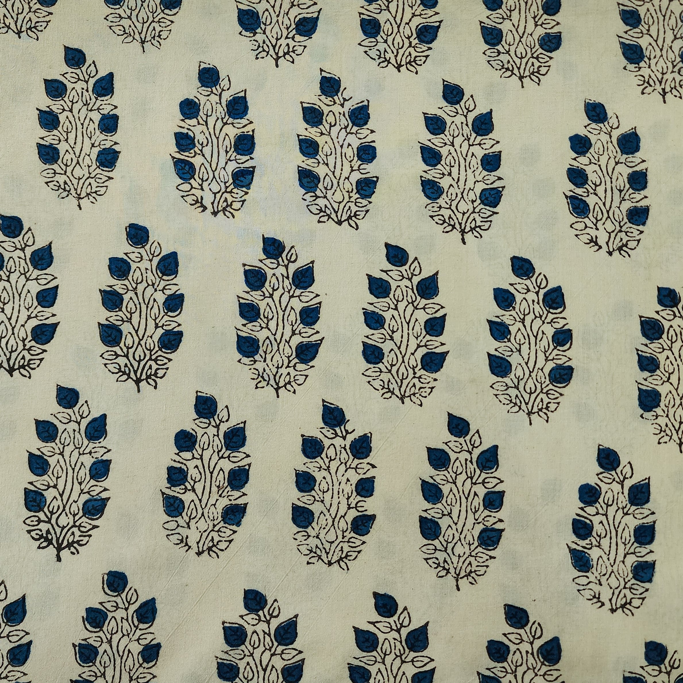 Pure Cotton Gad Ajrak Cream With Blue Branch Of Flower Motif Hand Bloc – Sanskruti