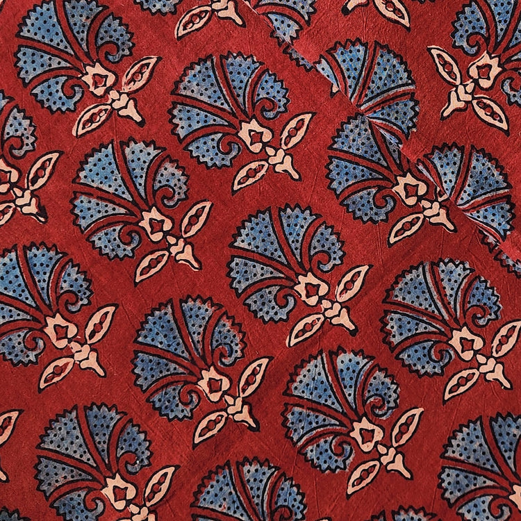 Pure Cotton Gad Ajrak Red With Blue Flower Motif Hand Block Print Fabr – Sanskruti