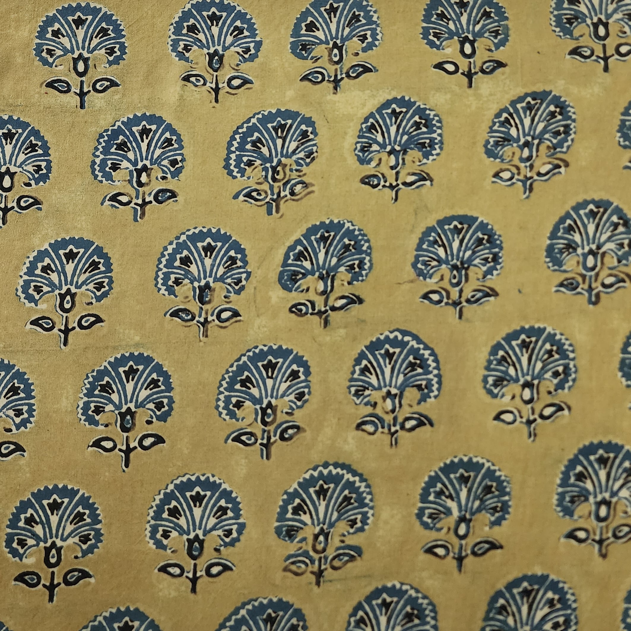 Pure Cotton Gad Ajrak Rust Mustard With Blue Flower Motif Hand Block P ...