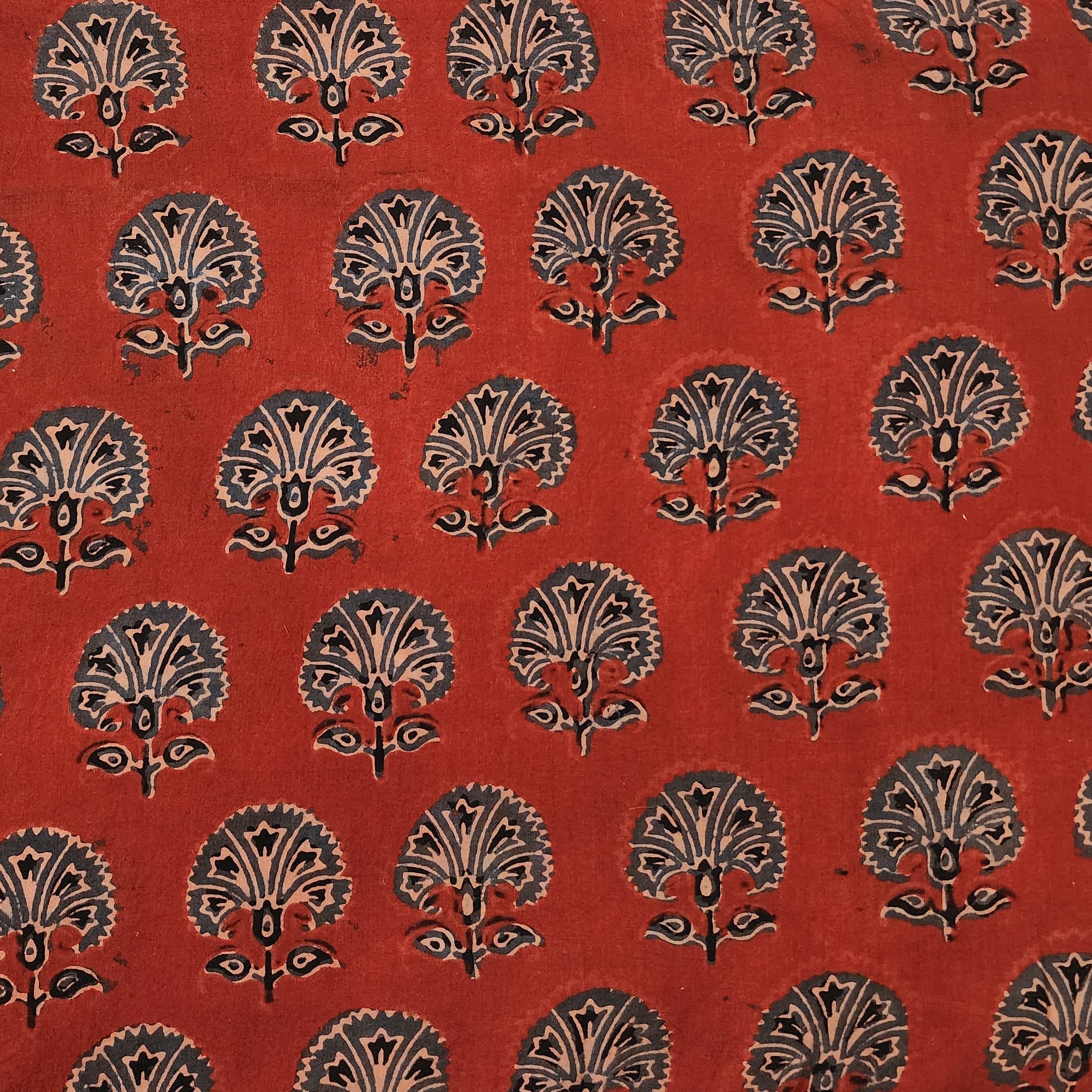 Pre Cut (1.20 Meter) Pure Cotton Gad Ajrak Rust Red With Blue Flower M – Sanskruti