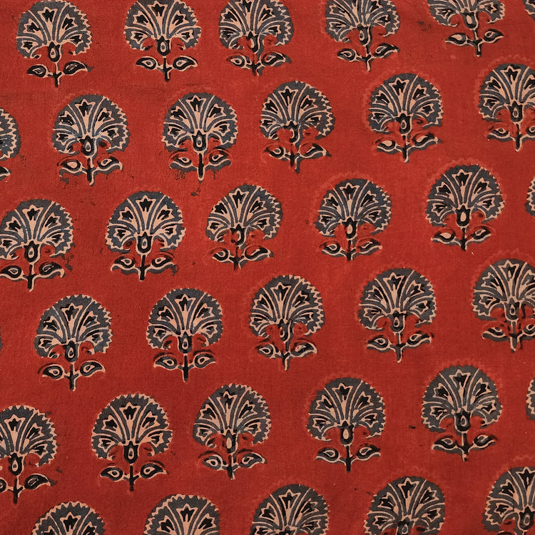 Pre Cut (1.20 Meter) Pure Cotton Gad Ajrak Rust Red With Blue Flower M – Sanskruti