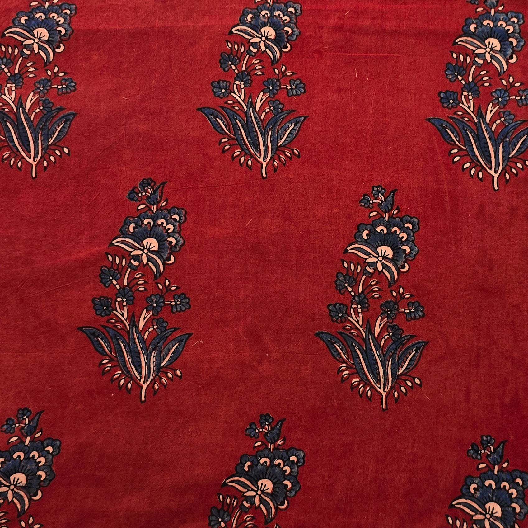 (PRE-CUT 1 METER) Pure Cotton Gad Ajrak Rust Red With Blue Flower Plan ...