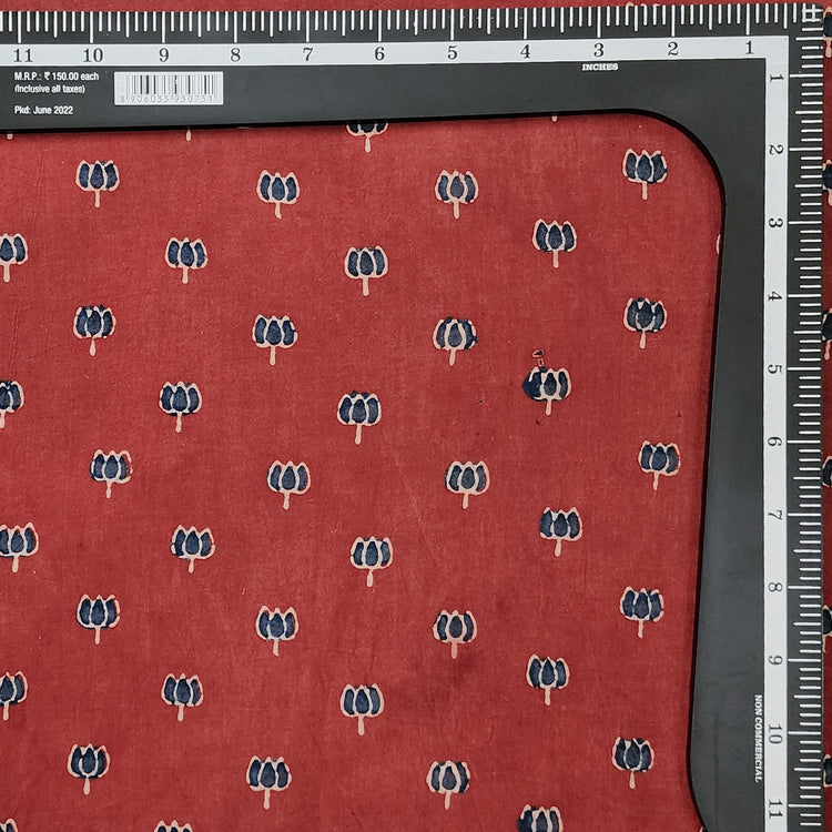 Pure Cotton Gad Ajrak Rust Red With Blue Small Lotus Flower Motif Hand – Sanskruti