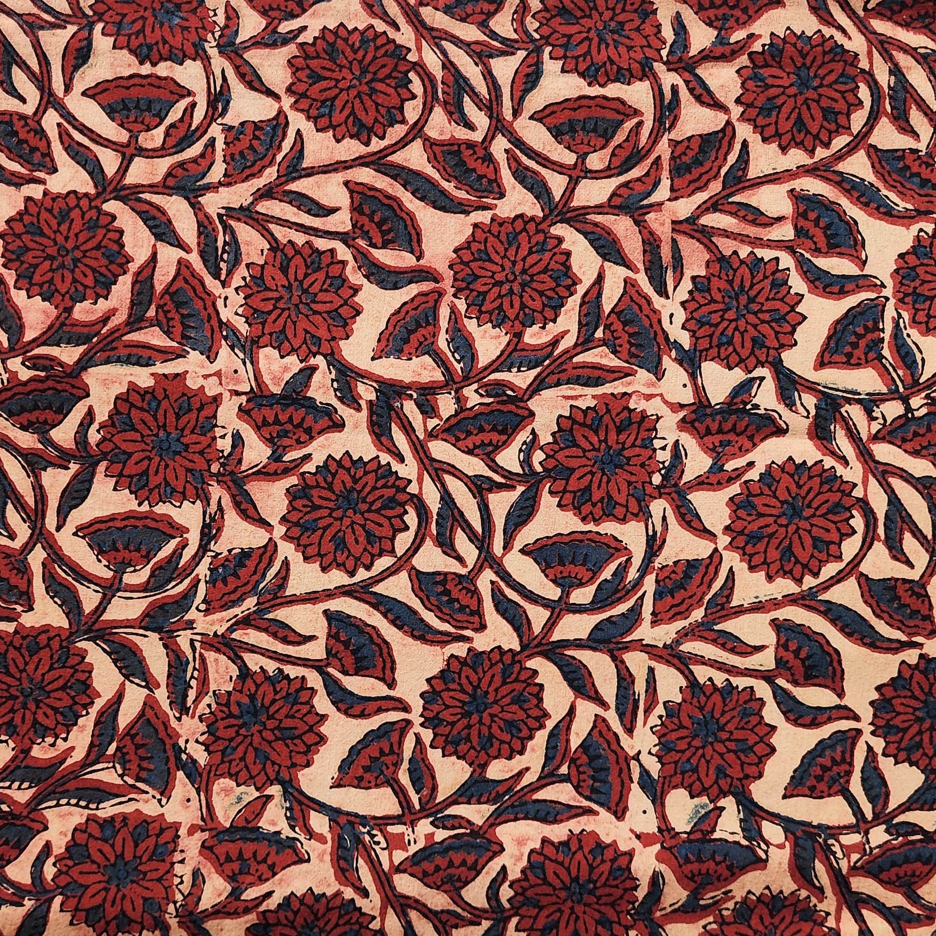 (PRE-CUT 1 METER) Pure Cotton Gad Ajrak Rust Red With Cream Flower Jaa ...