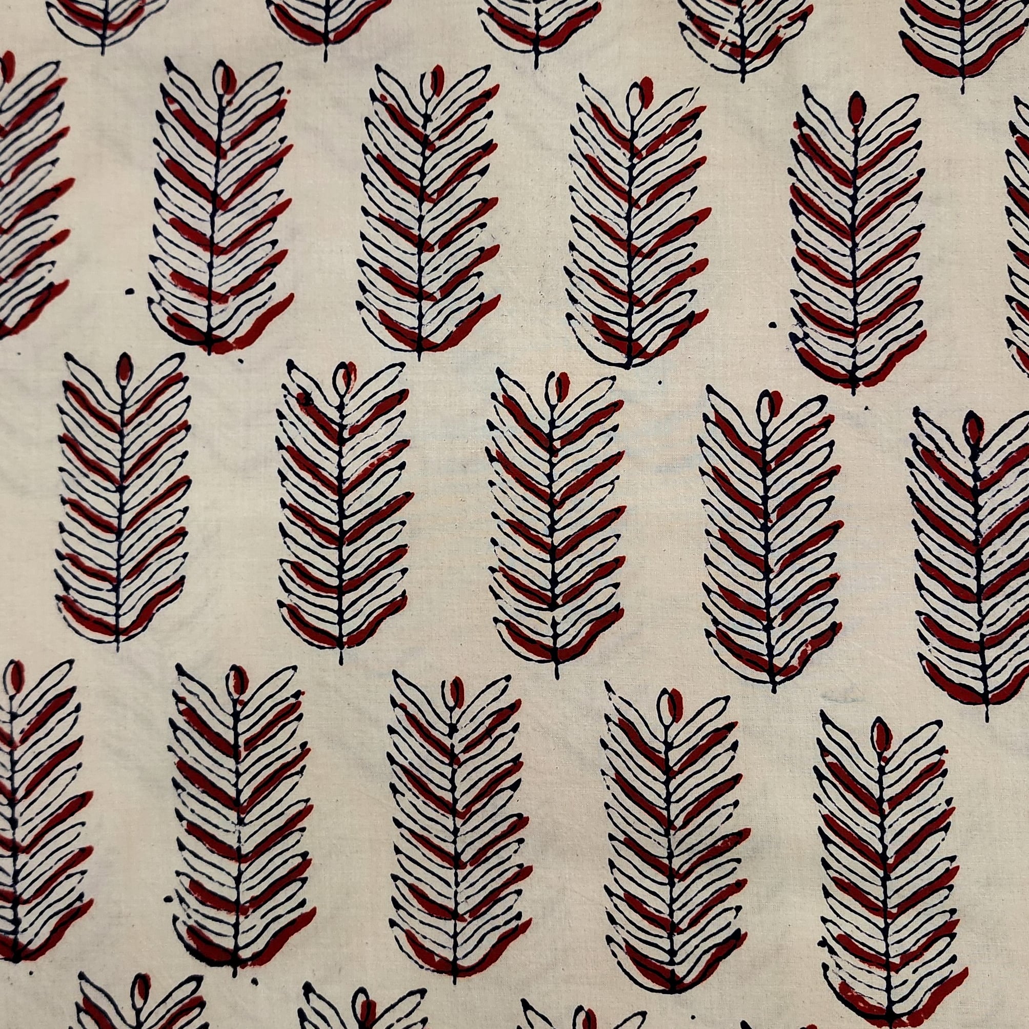 Pure Cotton Gamthi Cream With Red Feather Motif Hand Block Print Fabri ...