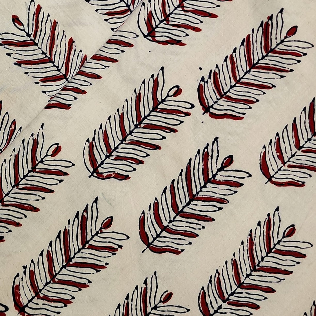 Pure Cotton Gamthi Cream With Red Feather Motif Hand Block Print Fabri ...