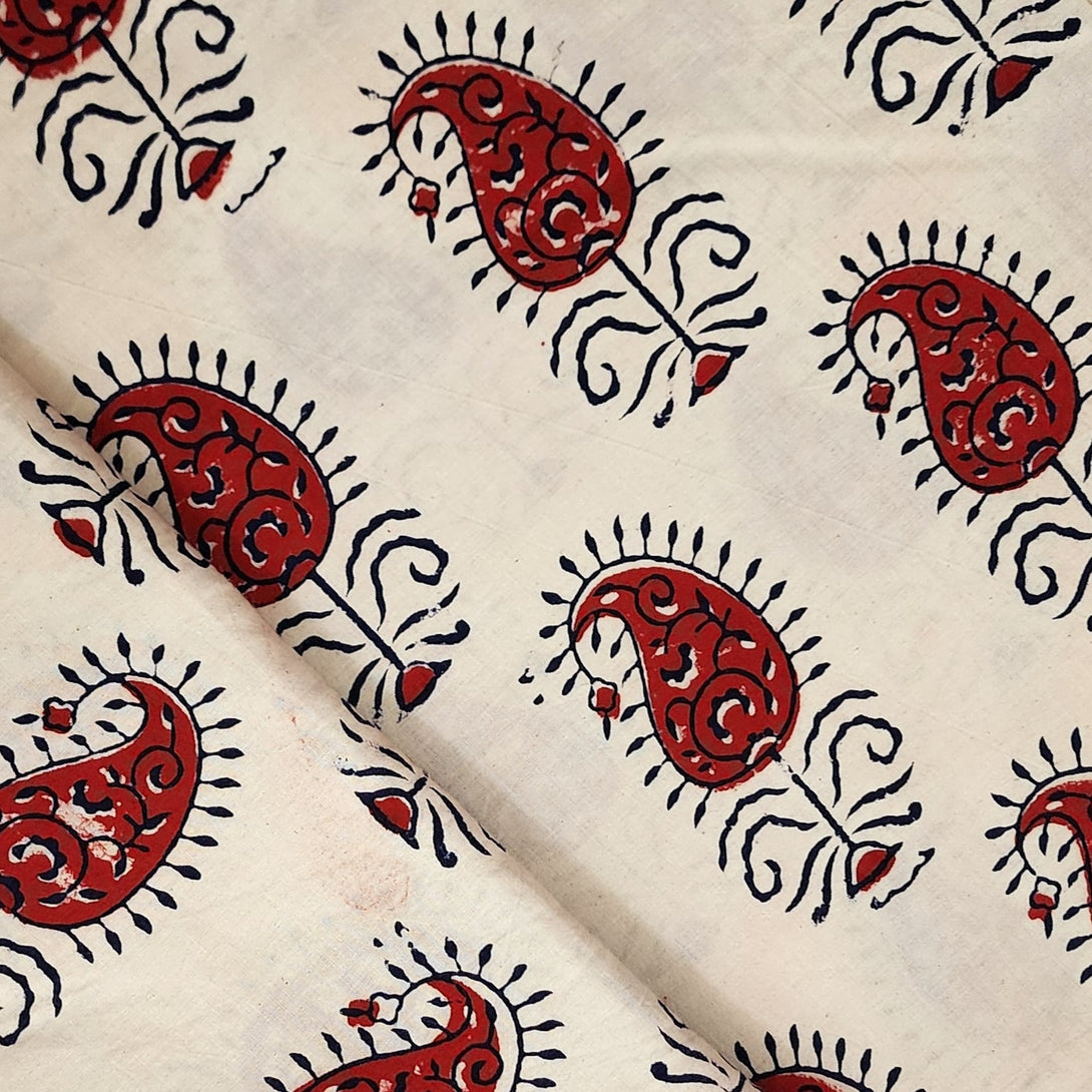 Pure Cotton Gamthi Cream With Rust Kairi Motif Hand Block Print Fabric ...