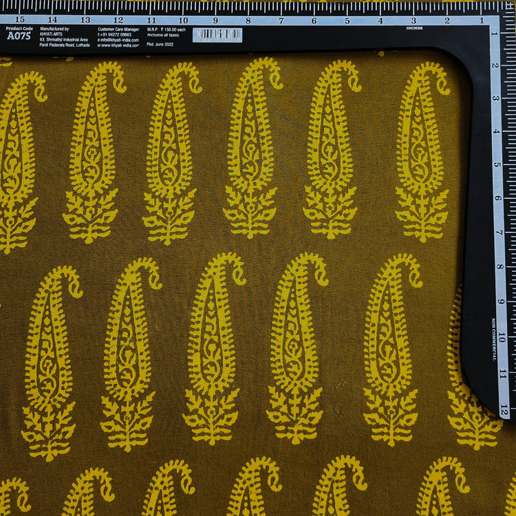 Pure Cotton Gamthi Mehendi Green With Yellow Big Kairi Design Hand Blo ...