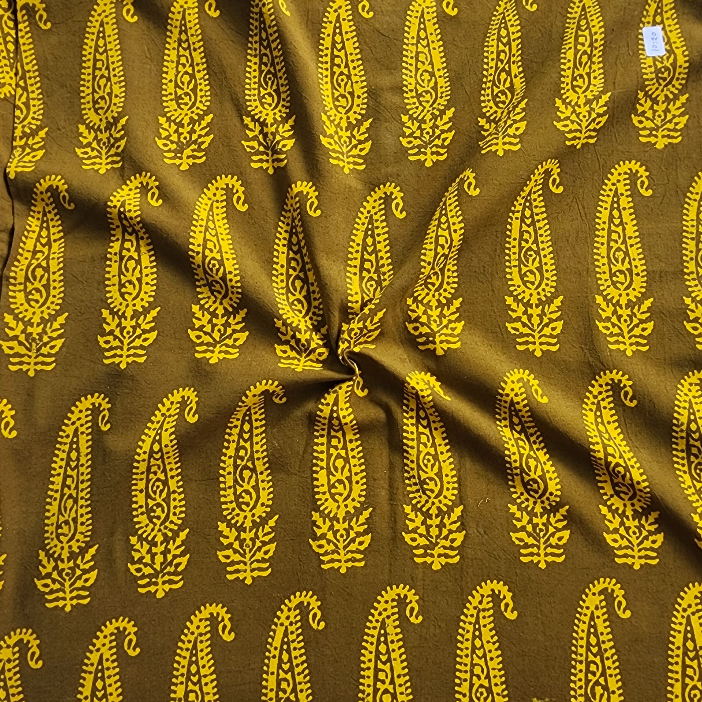 Pure Cotton Gamthi Mehendi Green With Yellow Big Kairi Design Hand Blo ...