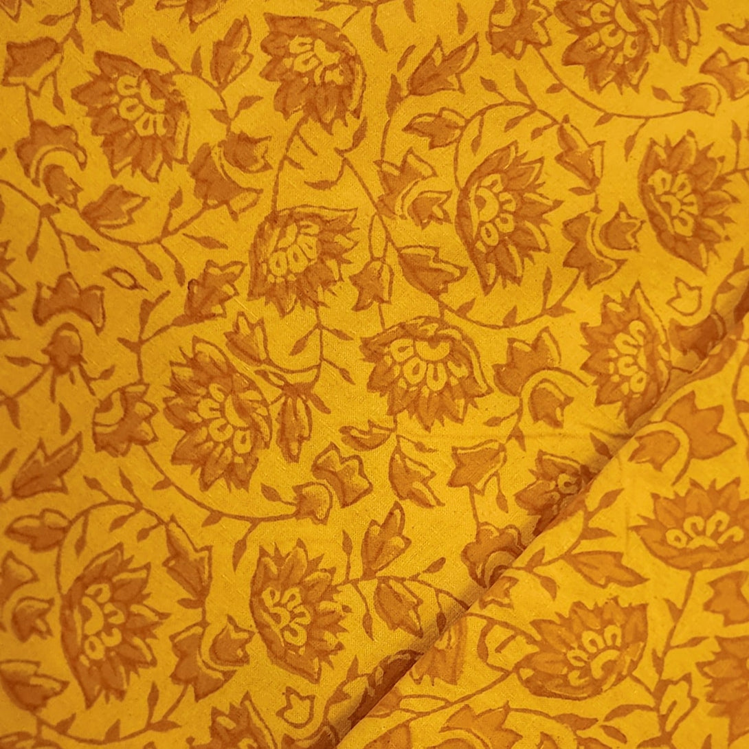 Pure Cotton Gamthi Mustard With Intricate Lily Flower Motif Hand Block ...