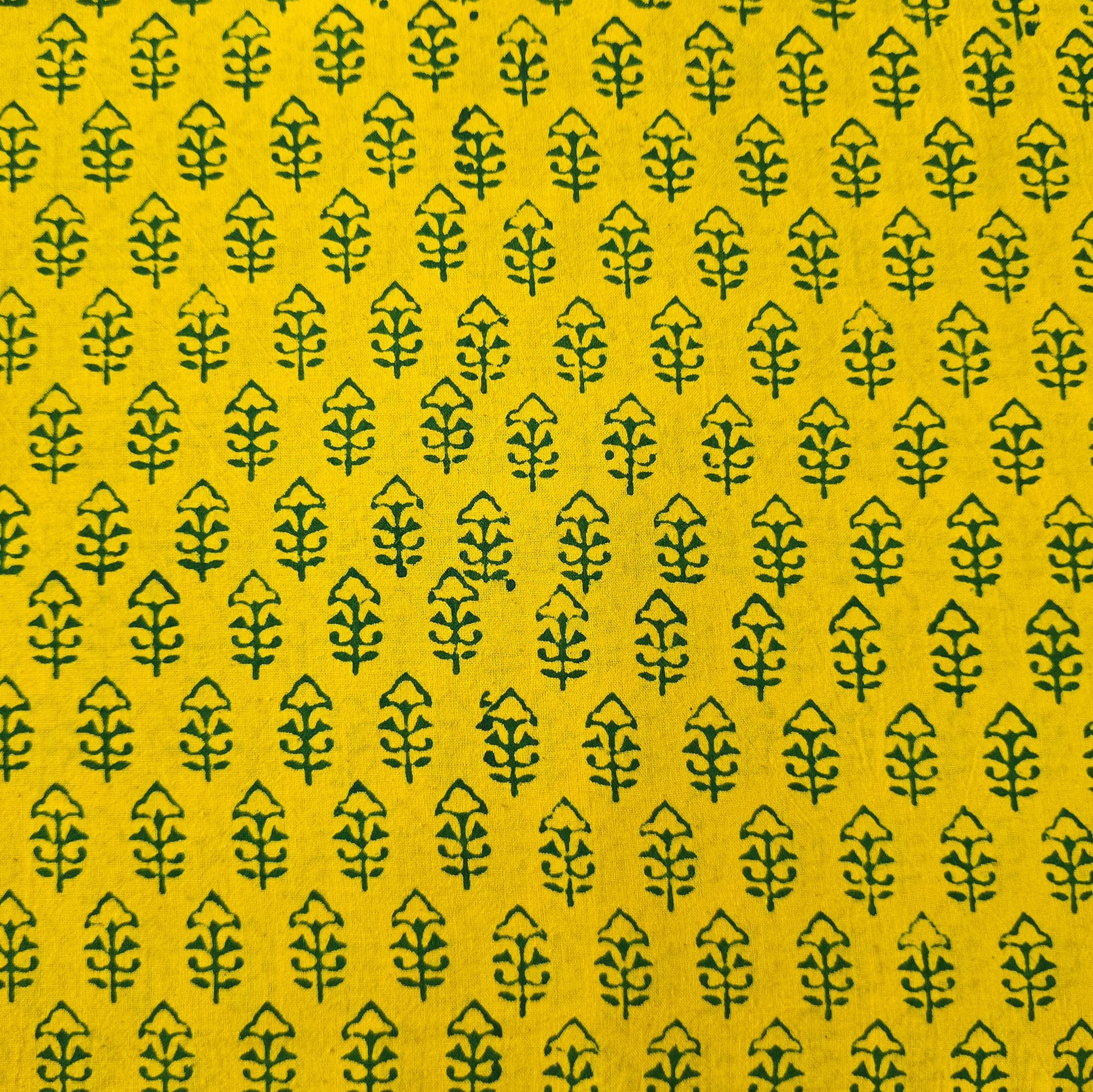 Pure Cotton Gamthi Yellow With Green Small Flower Motif Hand Block Pri ...