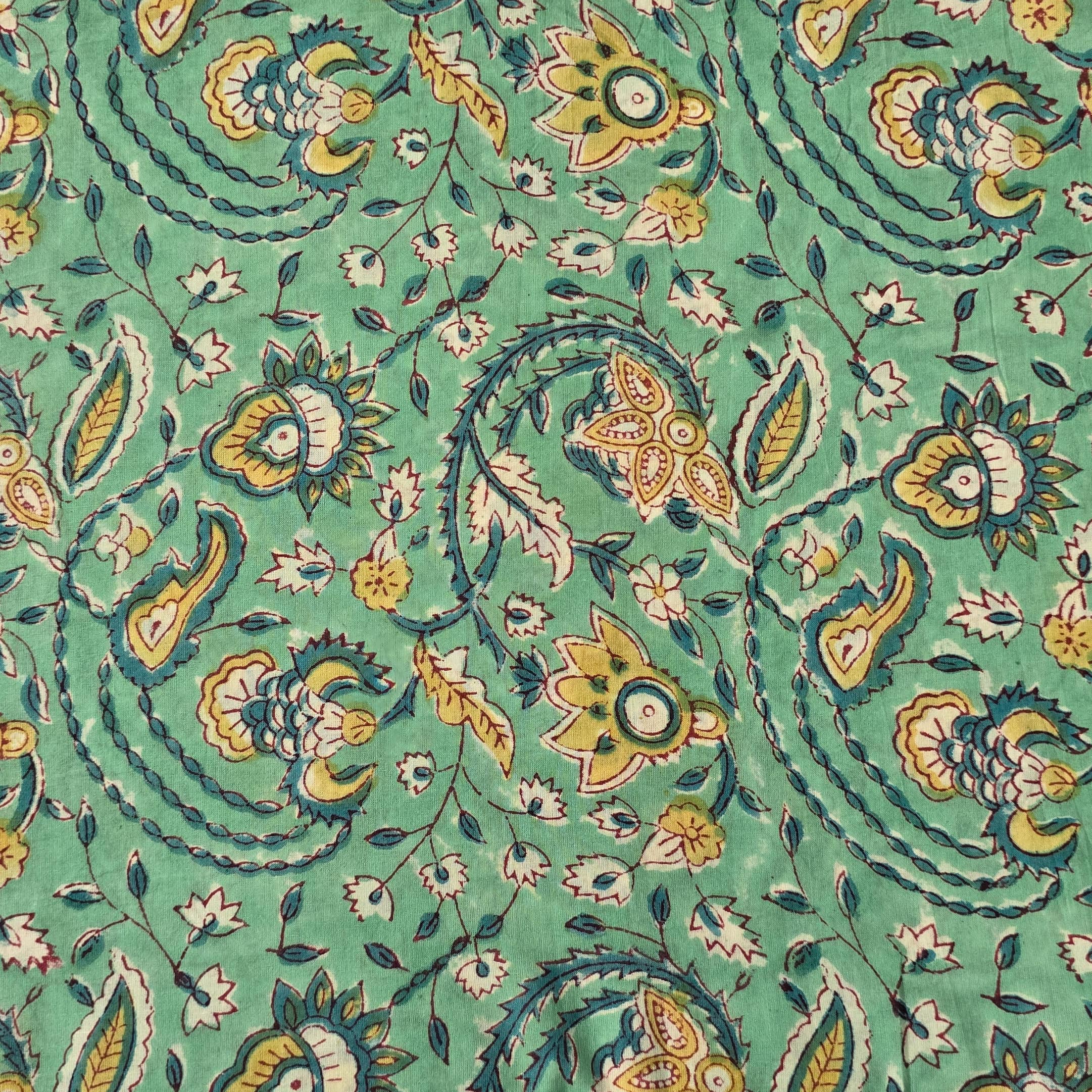 Pure Cotton Green With Small Yellow Flower Jaal Hand Block Print Fabri ...