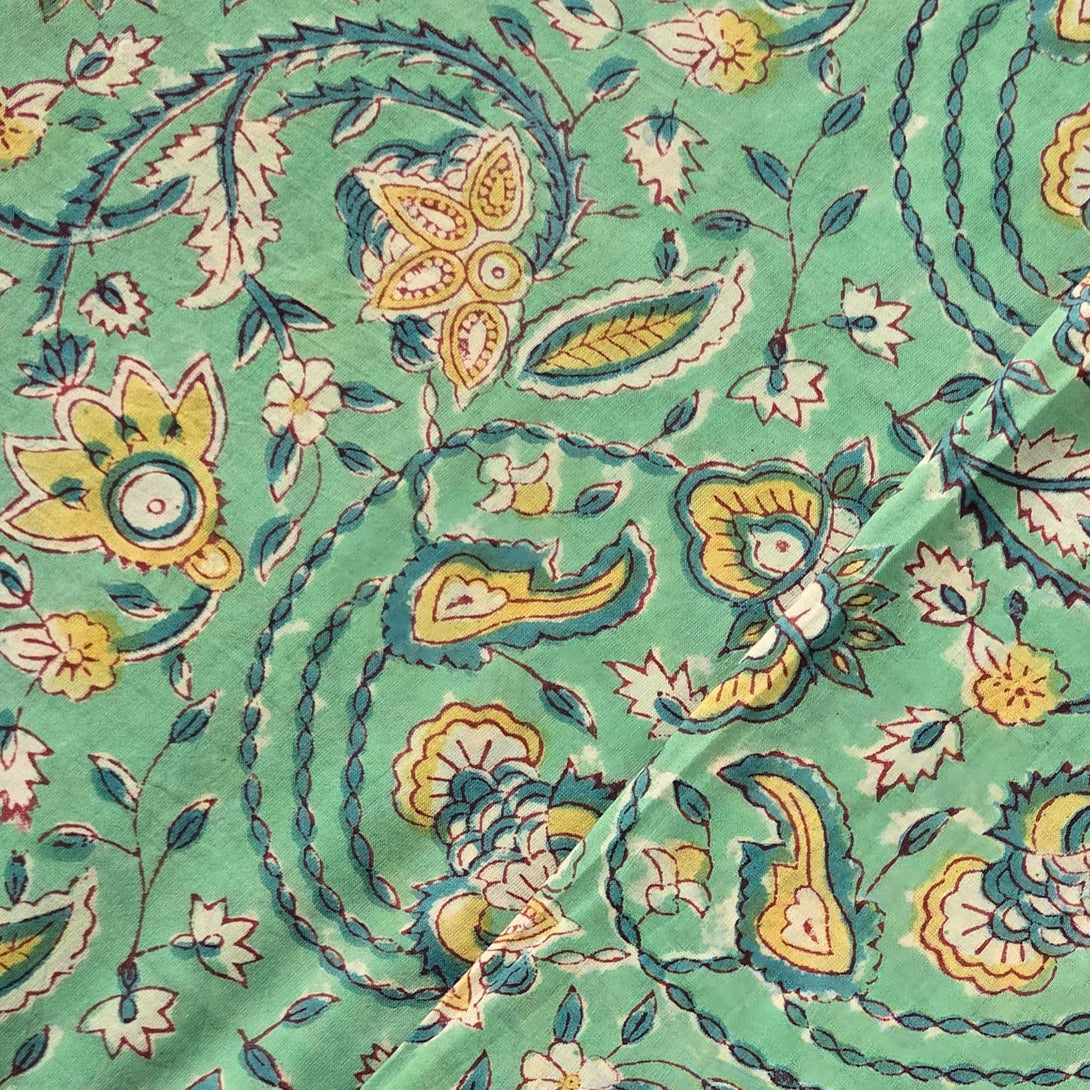 Pure Cotton Green With Small Yellow Flower Jaal Hand Block Print Fabri ...