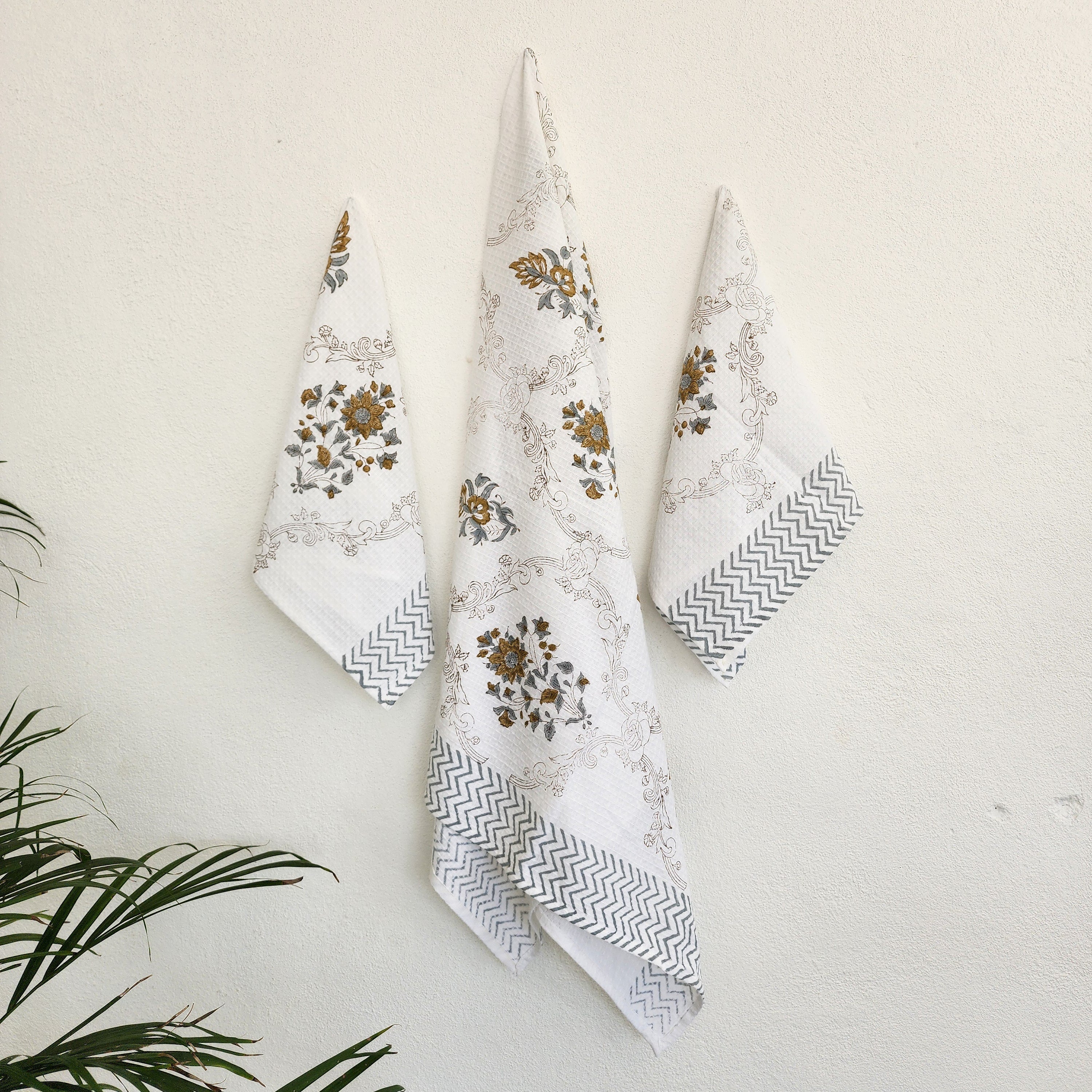 Pure Cotton Hand And Bath Towel Set Block Printed In White And Brown P ...