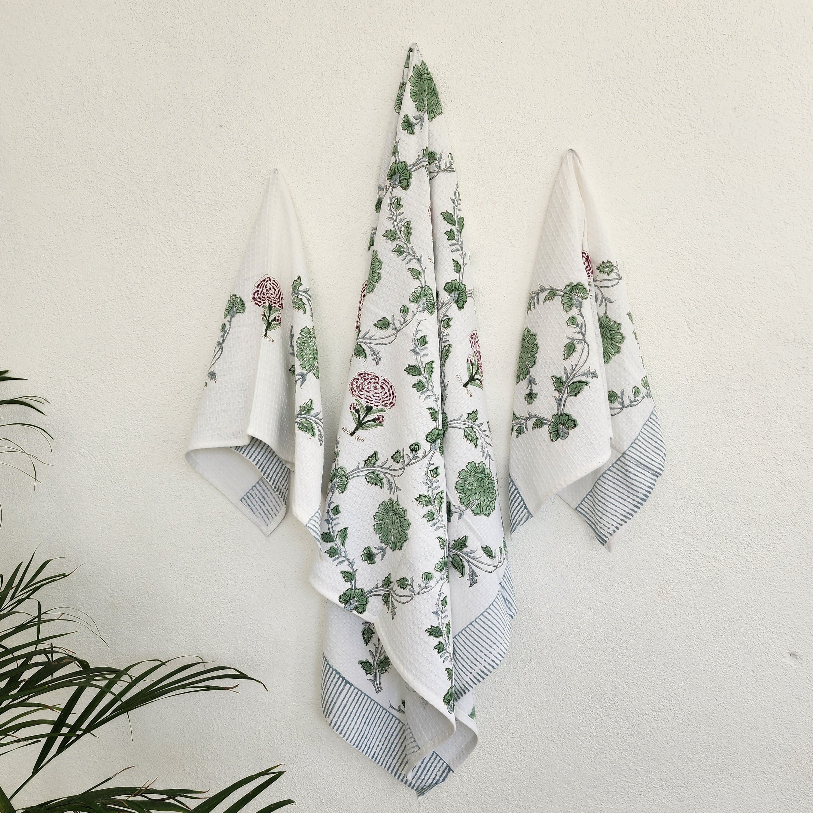 Pure Cotton Hand And Bath Towel Set Block Printed In White And Green J ...