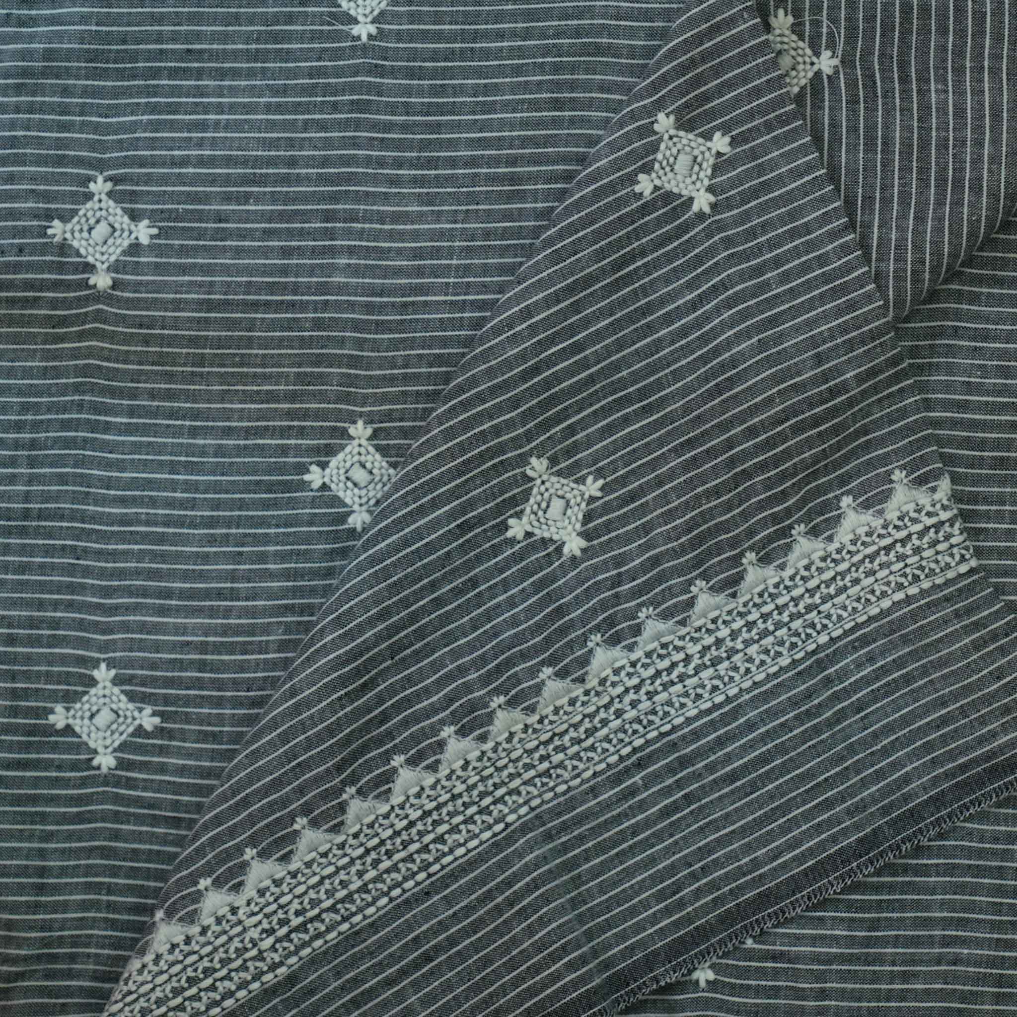 (Pre-Cut 0.84 Meter)Pure Cotton Handloom Grey Stripes With Cream Embro ...