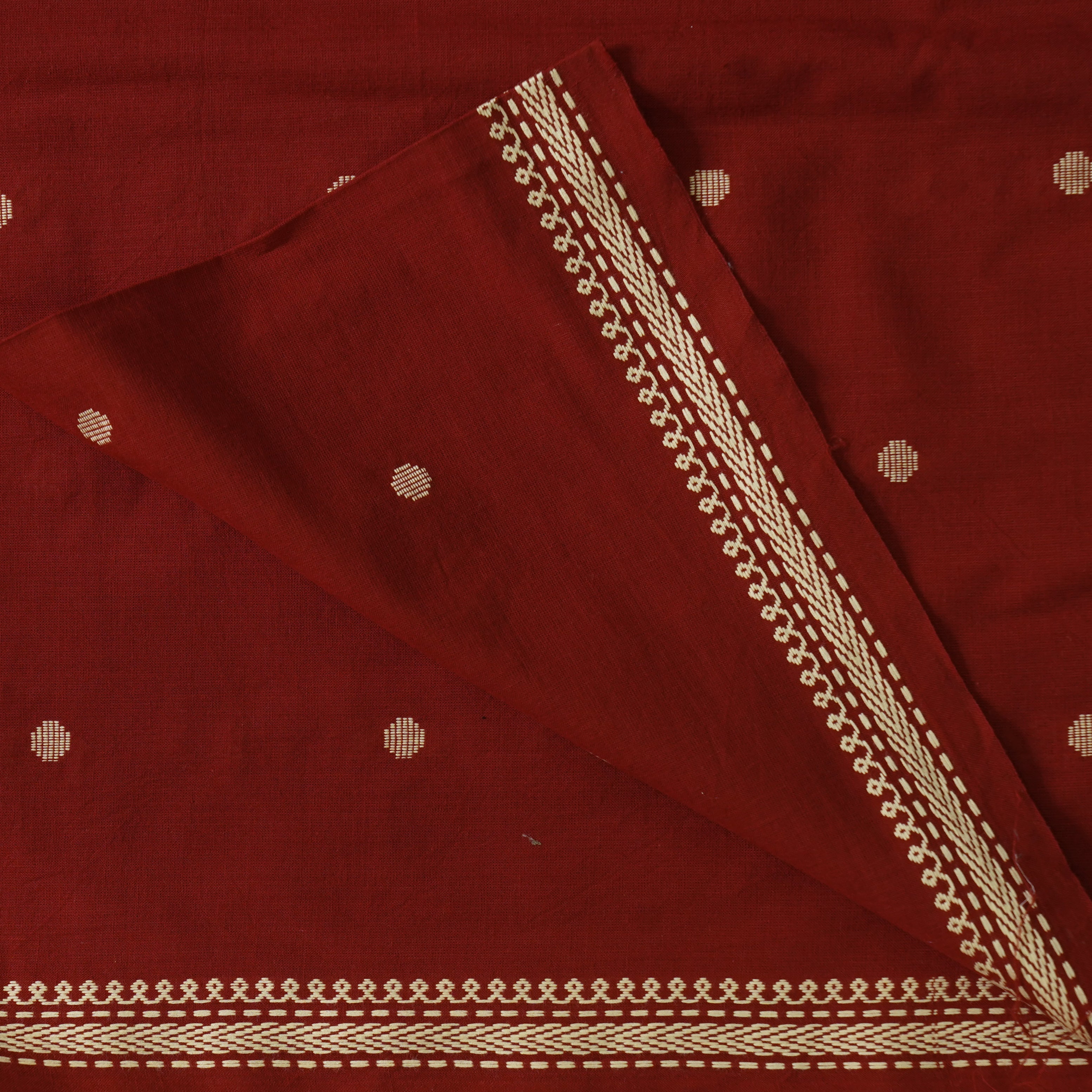 Pure Cotton Handloom Maroon With Cream Polka Dots And Border Hand Wove ...