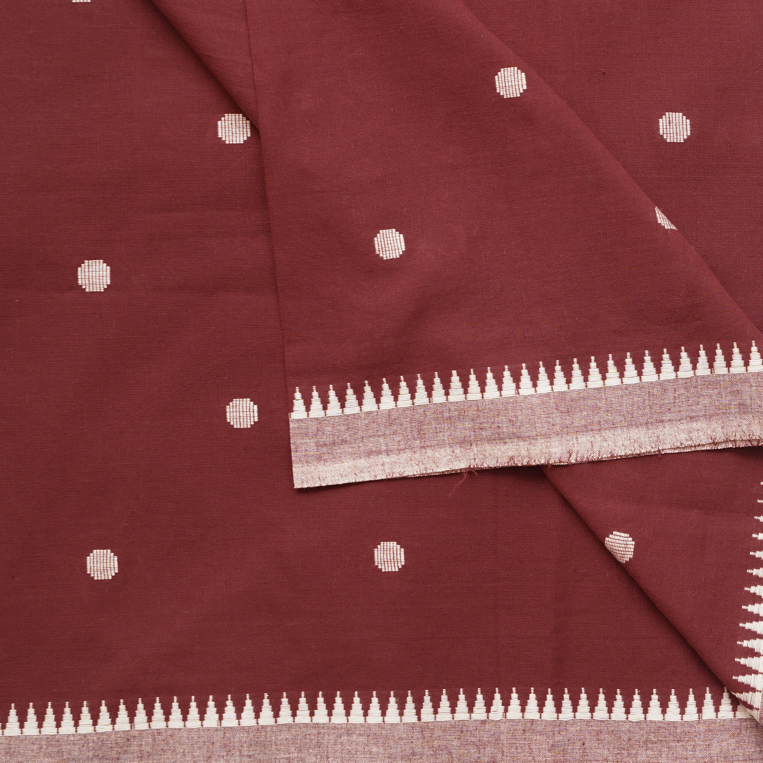 Pure Cotton Handloom Maroon With White Polka Dots And Triangle Border ...