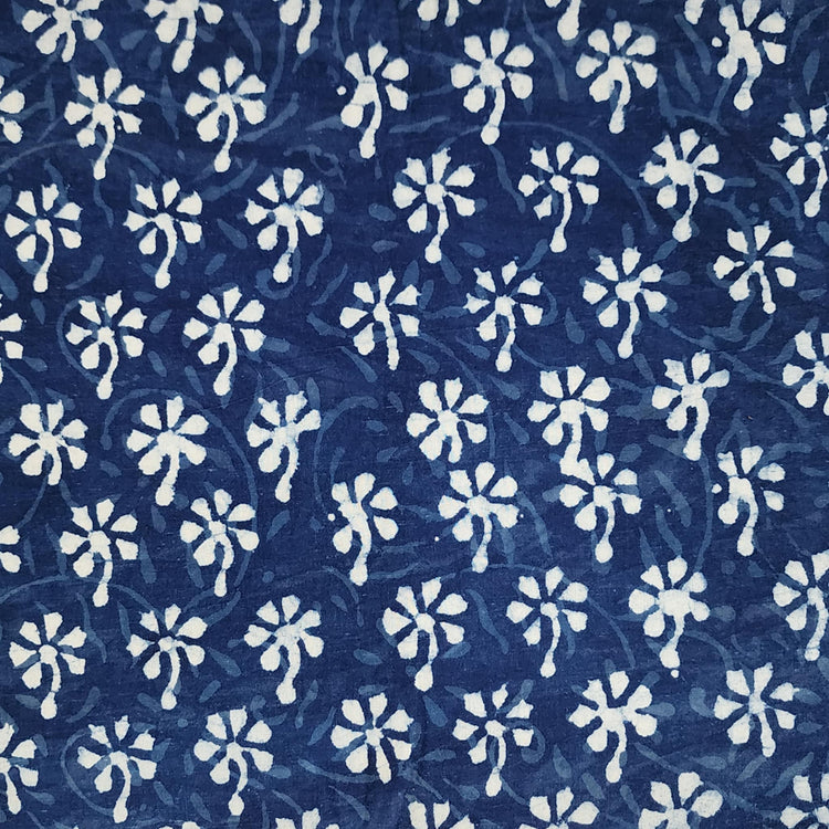(PRE-CUT 1 METER) Pure Cotton Indigo Flower Motif Hand Block Print Fab ...