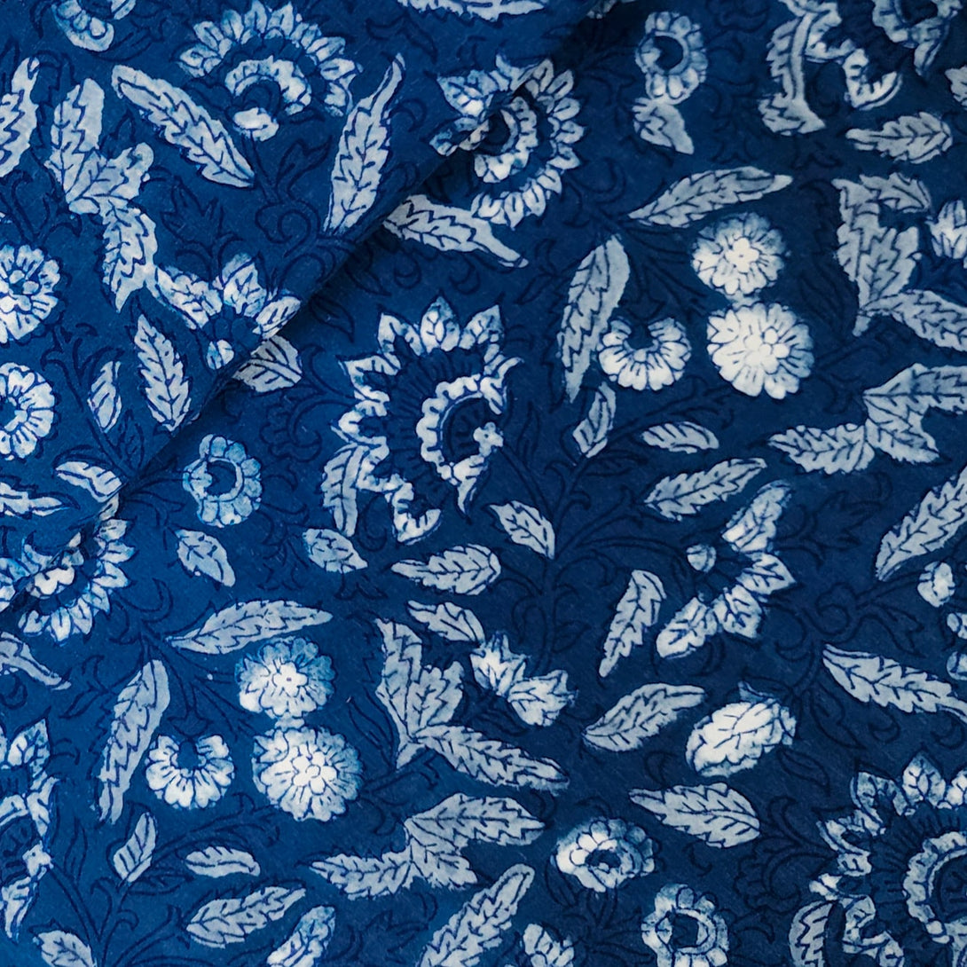 Pure Cotton Indigo Jungle Flower Jaal Hand Block Print Fabric – Sanskruti